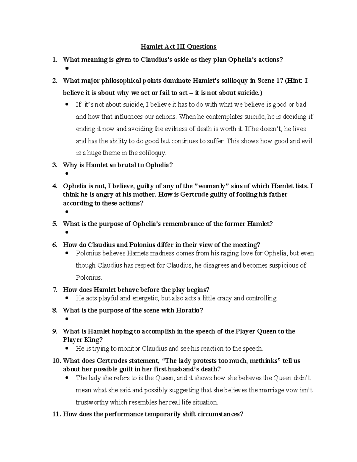 Hamlet Act III Analysis Questions and Themes Discussion - Studocu
