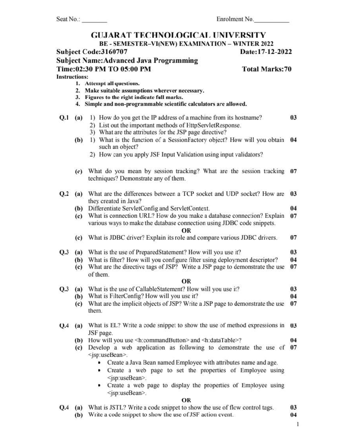 Advanced Java Programming Exam Questions - GUJARAT TECH UNI 3160707 ...