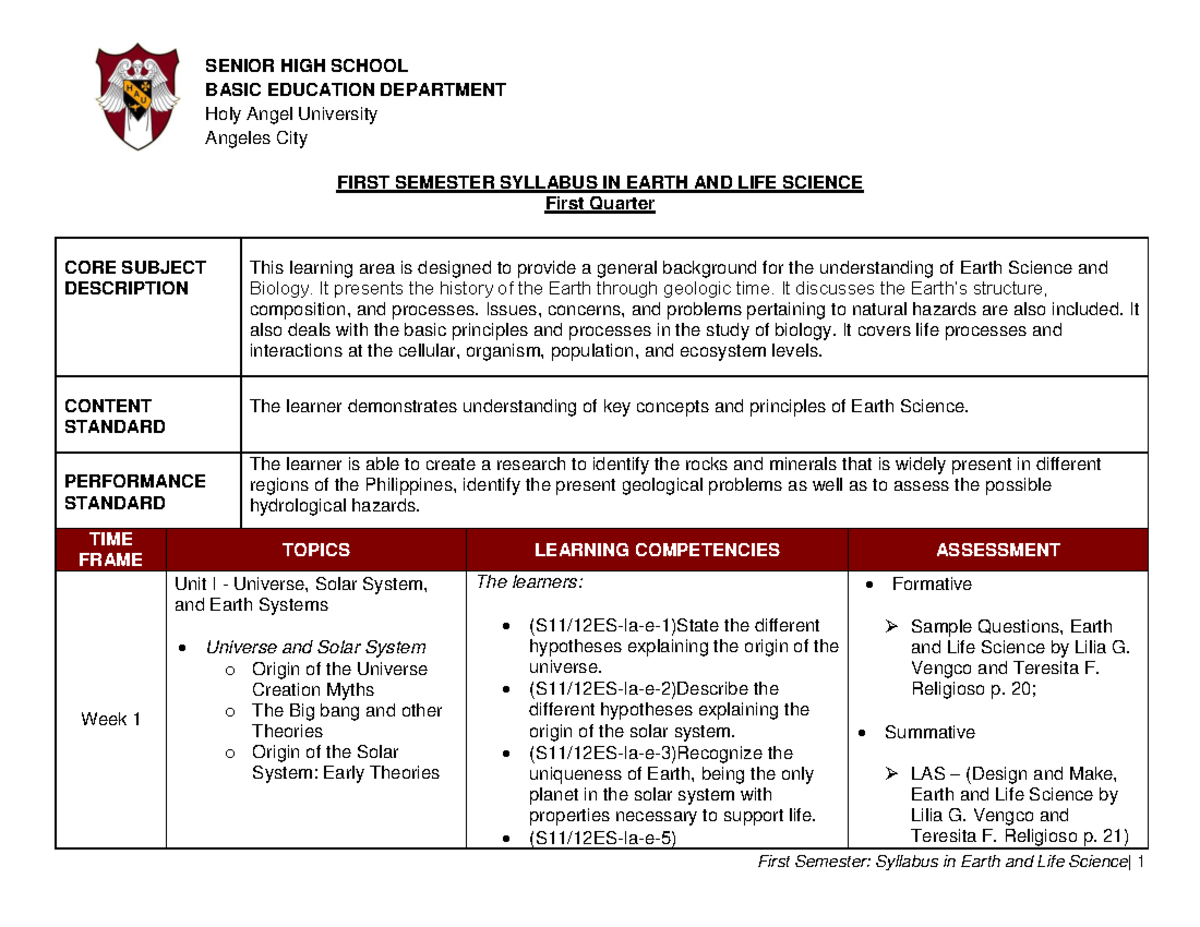 Earlifsci 11: Comprehensive Syllabus for Earth and Life Science - Studocu