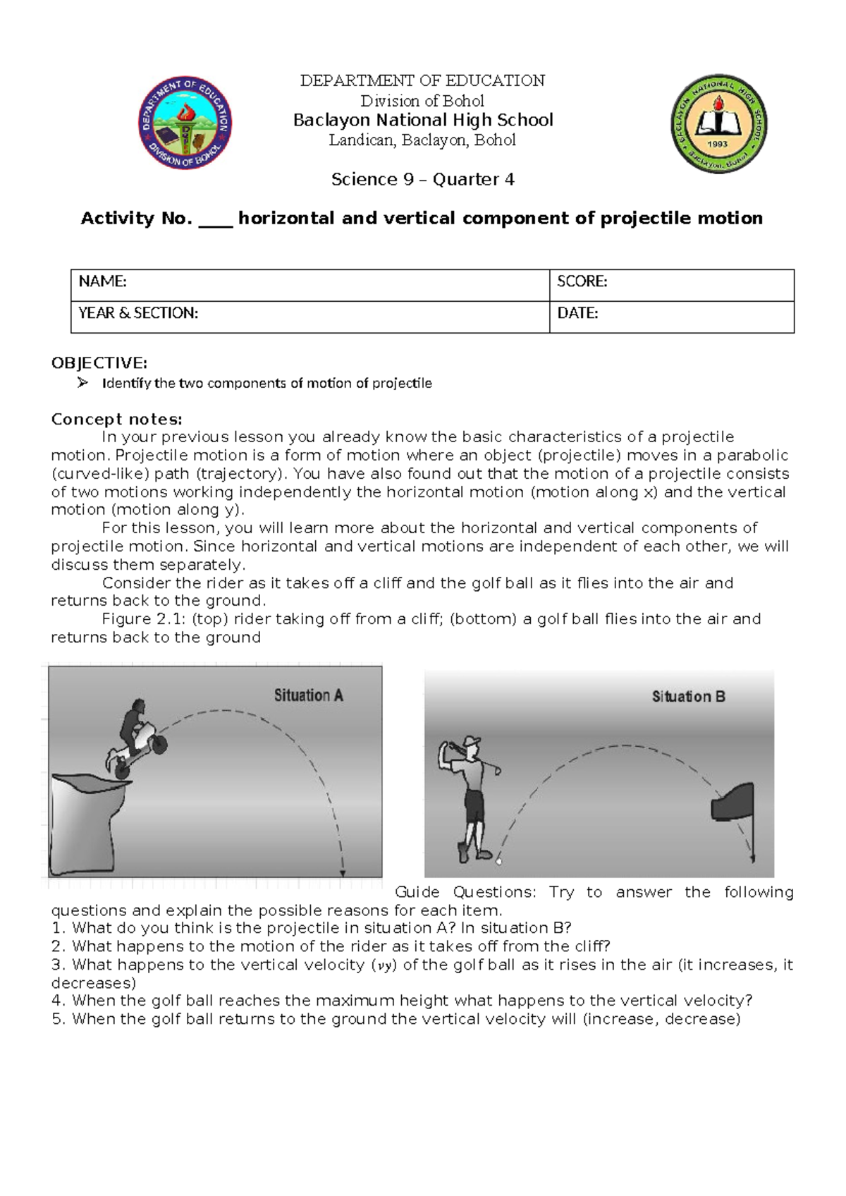 Sci. 9 4th quarter Activity 4.4 the horizontal and vertical component ...