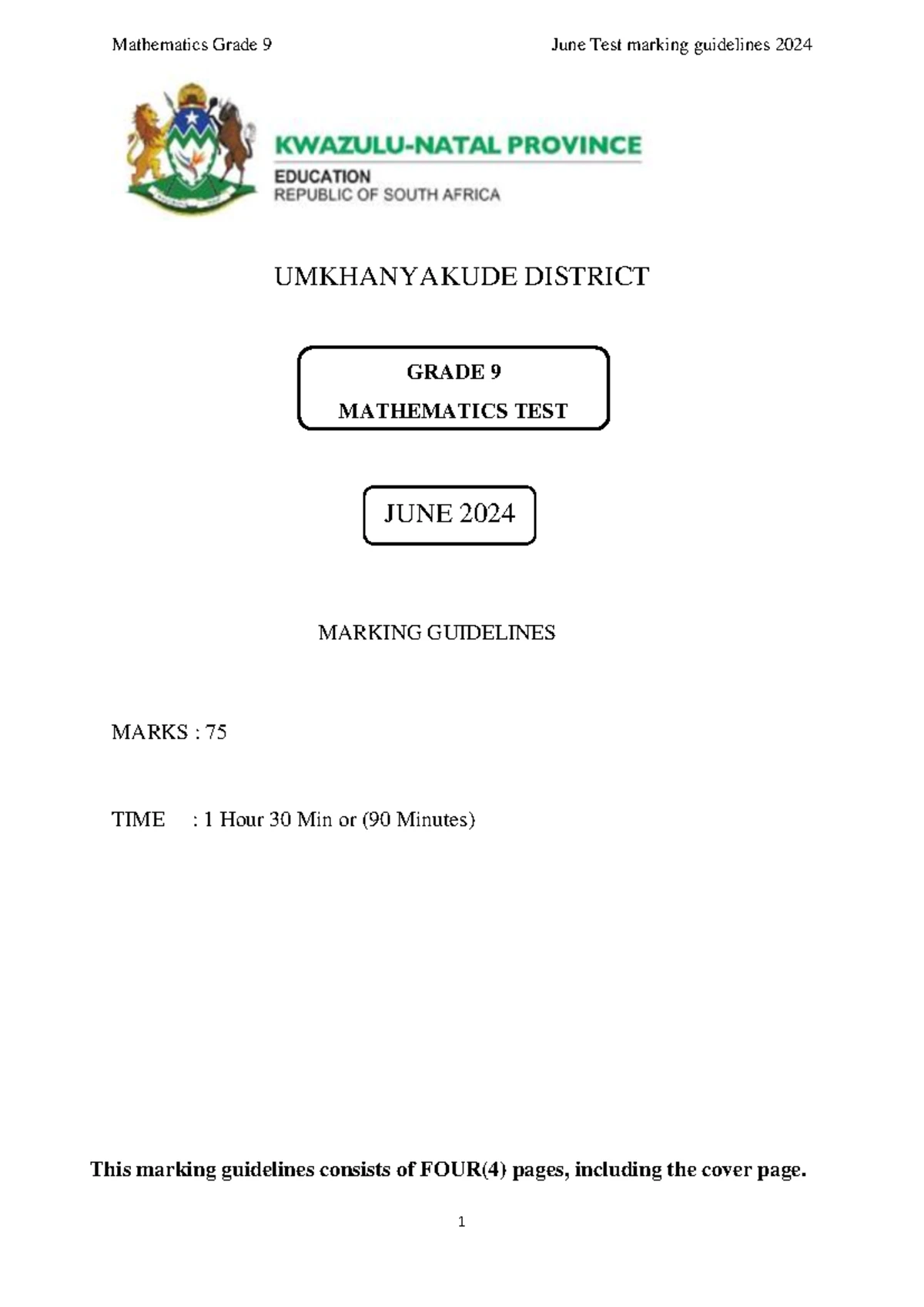 Mathematics Grade 9 June Test 2024 - UMKHANYAKUDE DISTRICT - Studocu