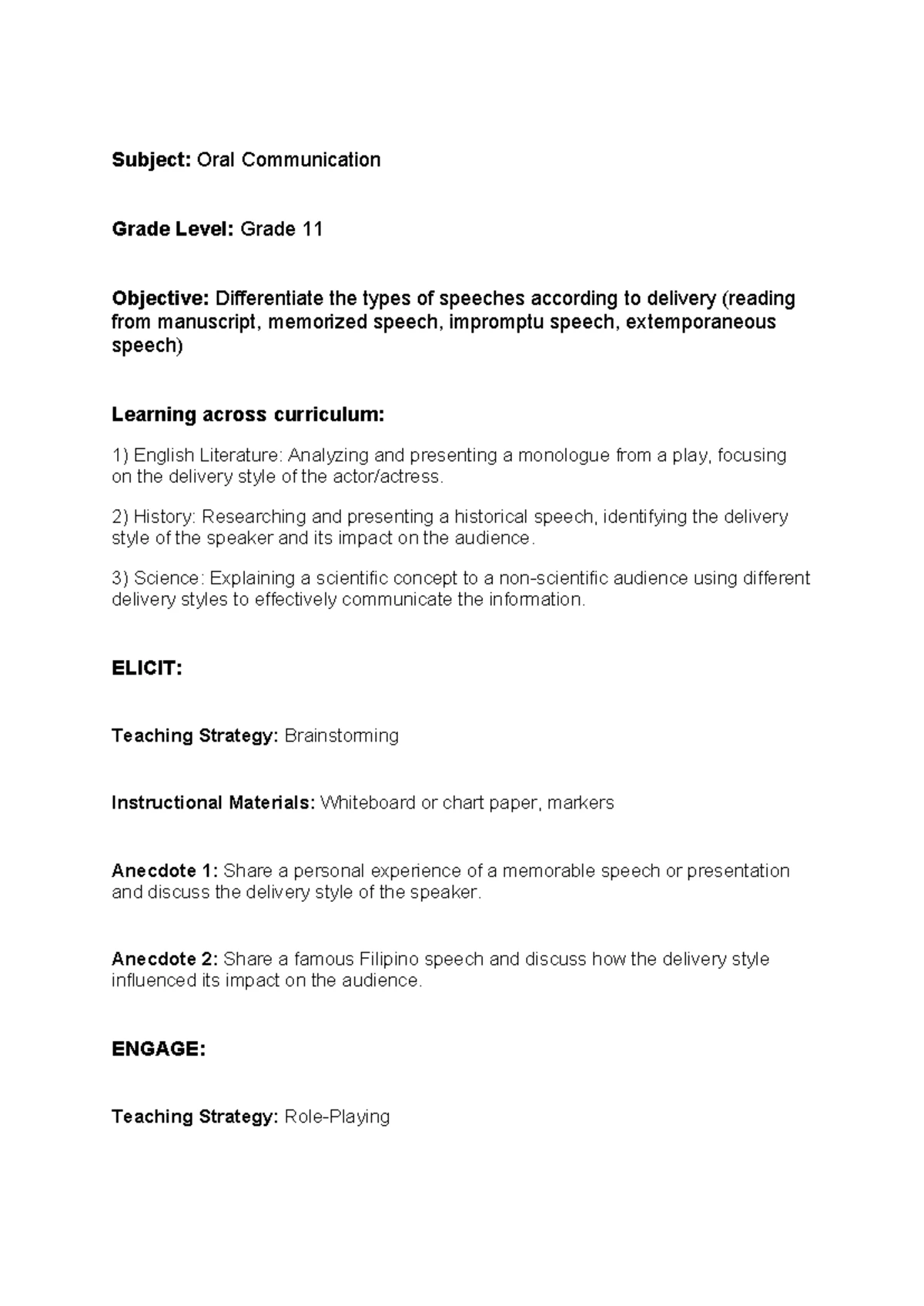 Lesson Plan: Effective Speech Delivery in Oral Communication SHS - Studocu