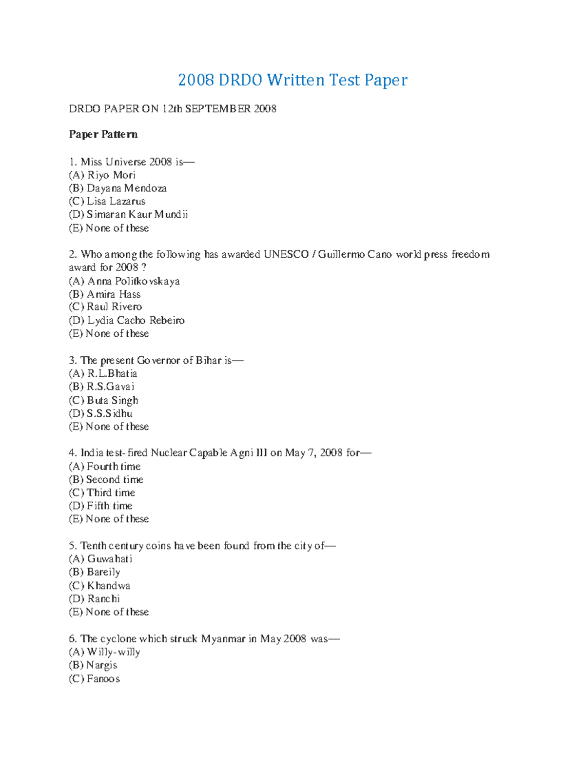 DRDO-Written-paper - Drdo written paper - 2008 DRDO Written Test Paper ...