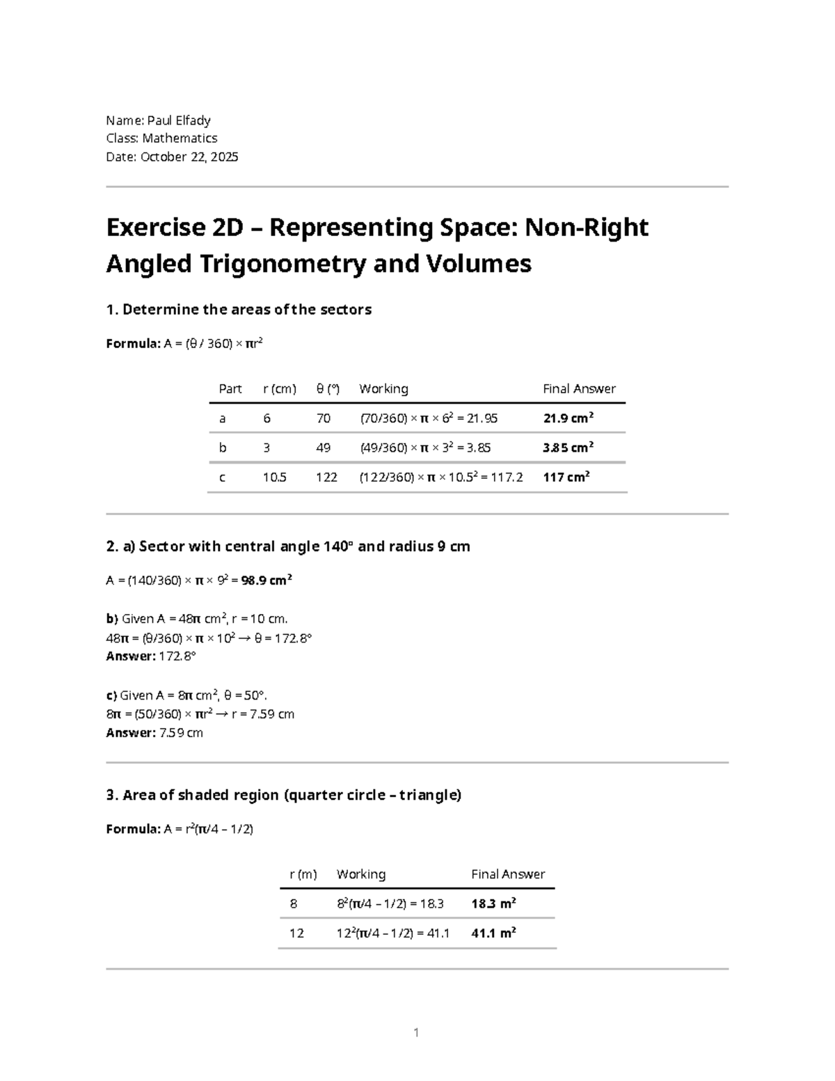 Mathematics Exercise 2D: Non-Right Angled Trigonometry & Volumes - Studocu