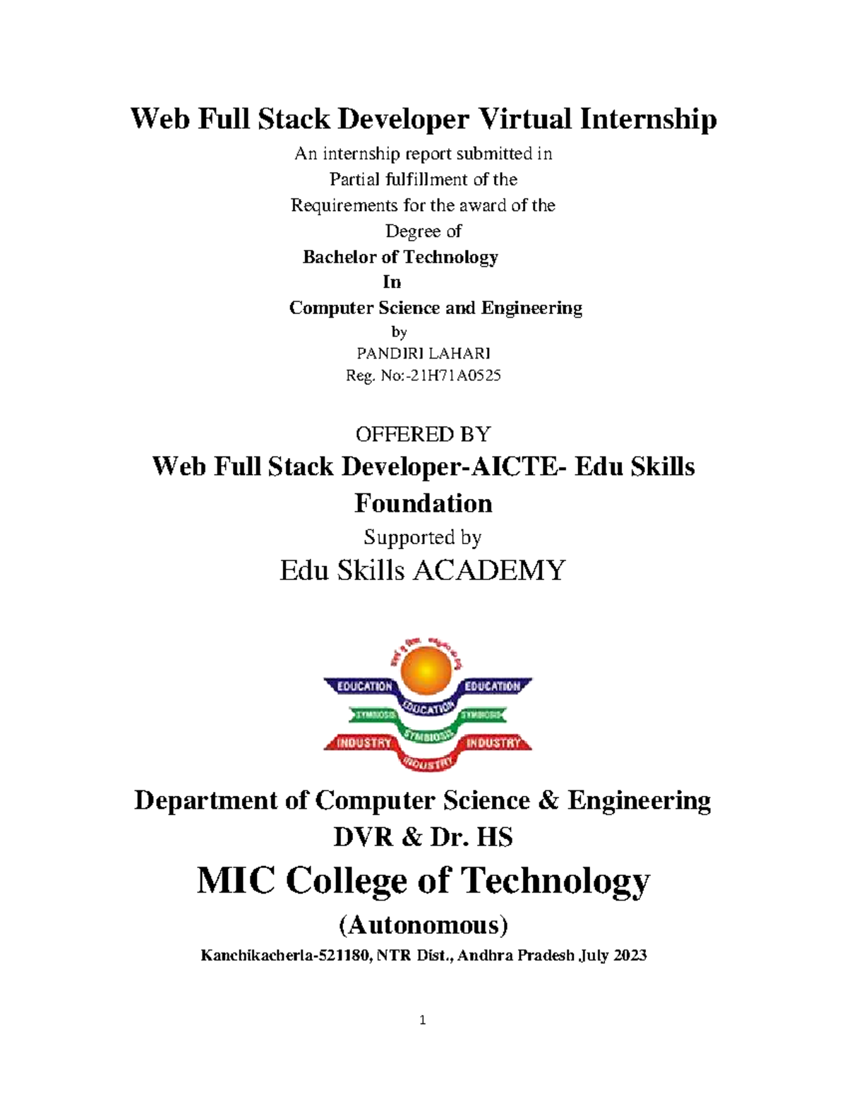 Web Full Stack Developer Virtual Internship Report - B.Tech CSE - Studocu