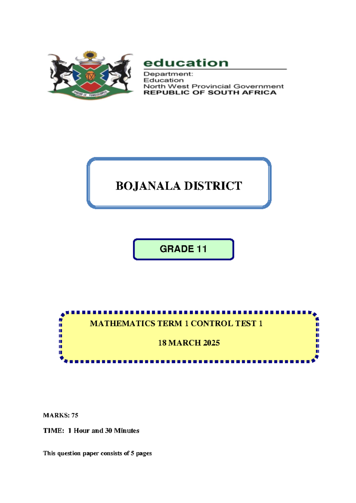 Gr. 11 Maths Term 1 Control Test - 18 March 2025, Marks: 75 - Studocu