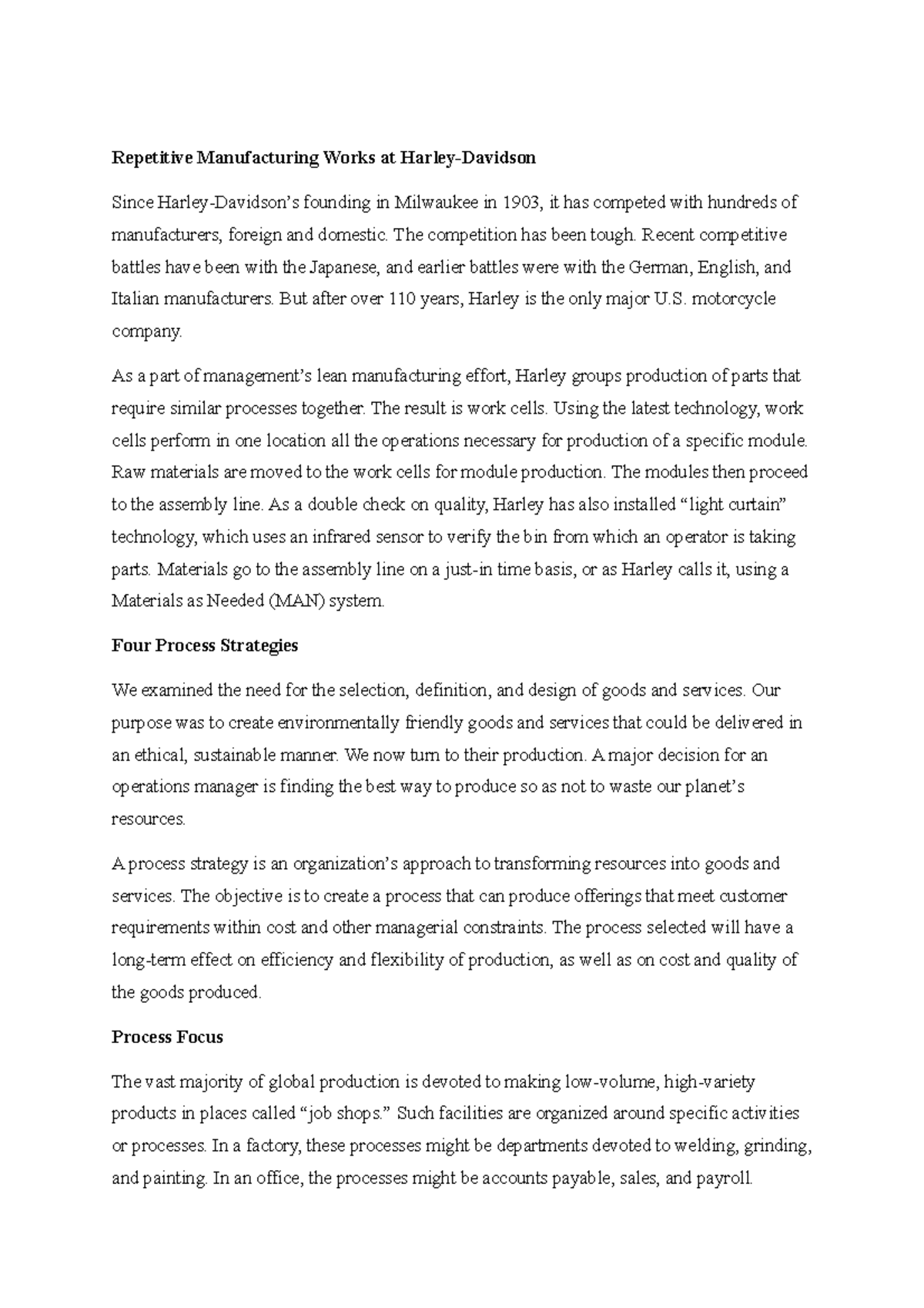 Four Process Strategies in Repetitive Manufacturing at HD - Studocu