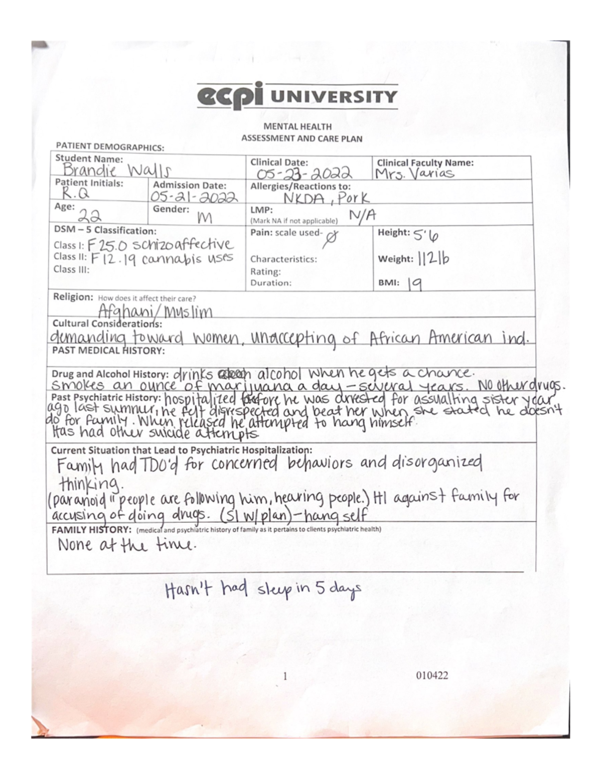 ECPI Nursing Care Plan for Mental Health Assessment: Brandie Walls ...