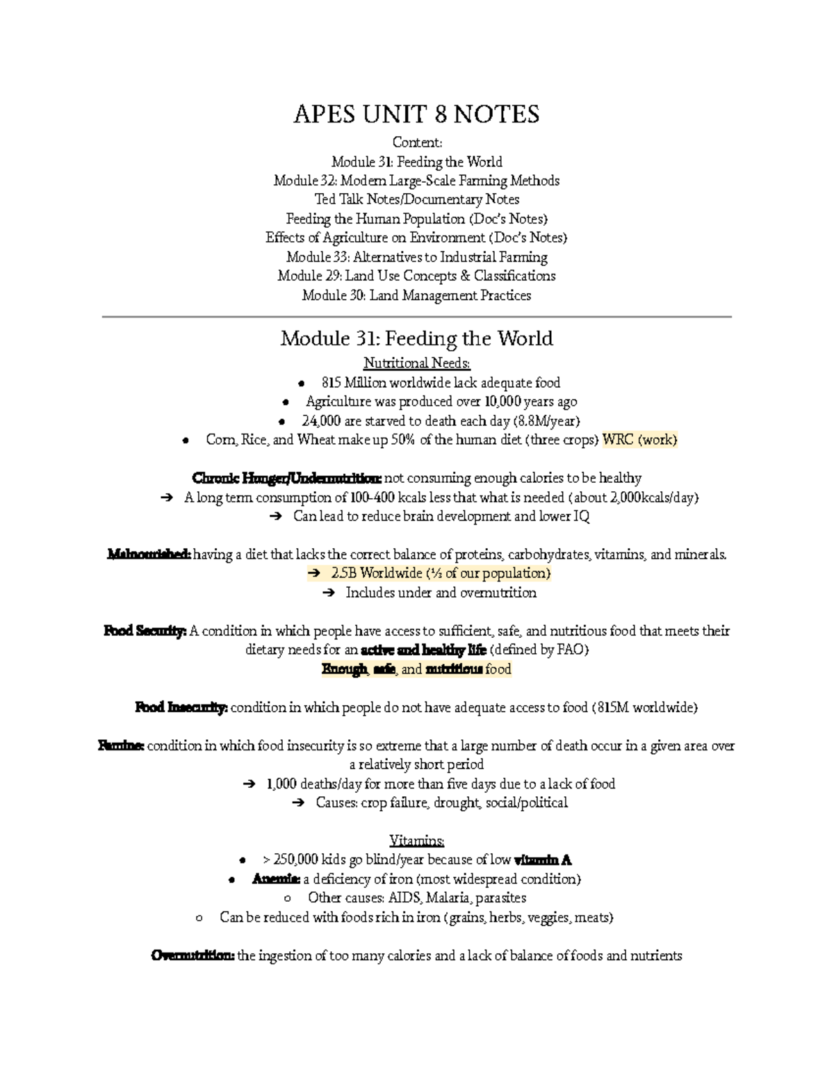 Copy of APES UNIT 8 Notes - APES UNIT 8 NOTES Content: Module 31 ...