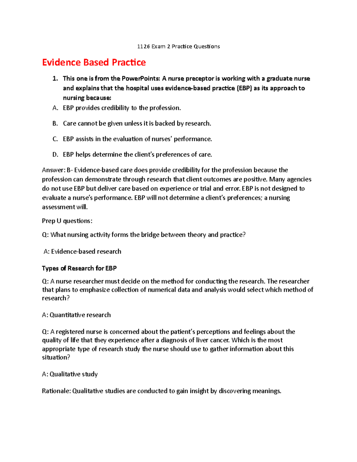 1126 Exam 2 Practice Questions: EBP, Teamwork, and Communication ...