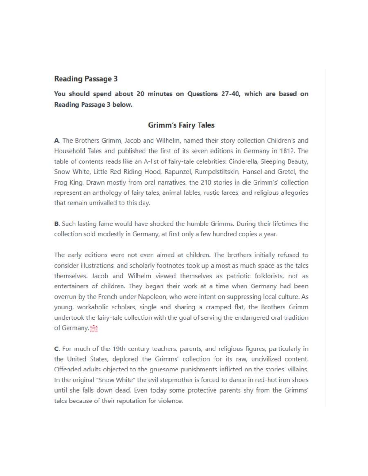 Grimm s fairy tale - IELTS reading - Tiếng Anh cơ bản 2 - Studocu