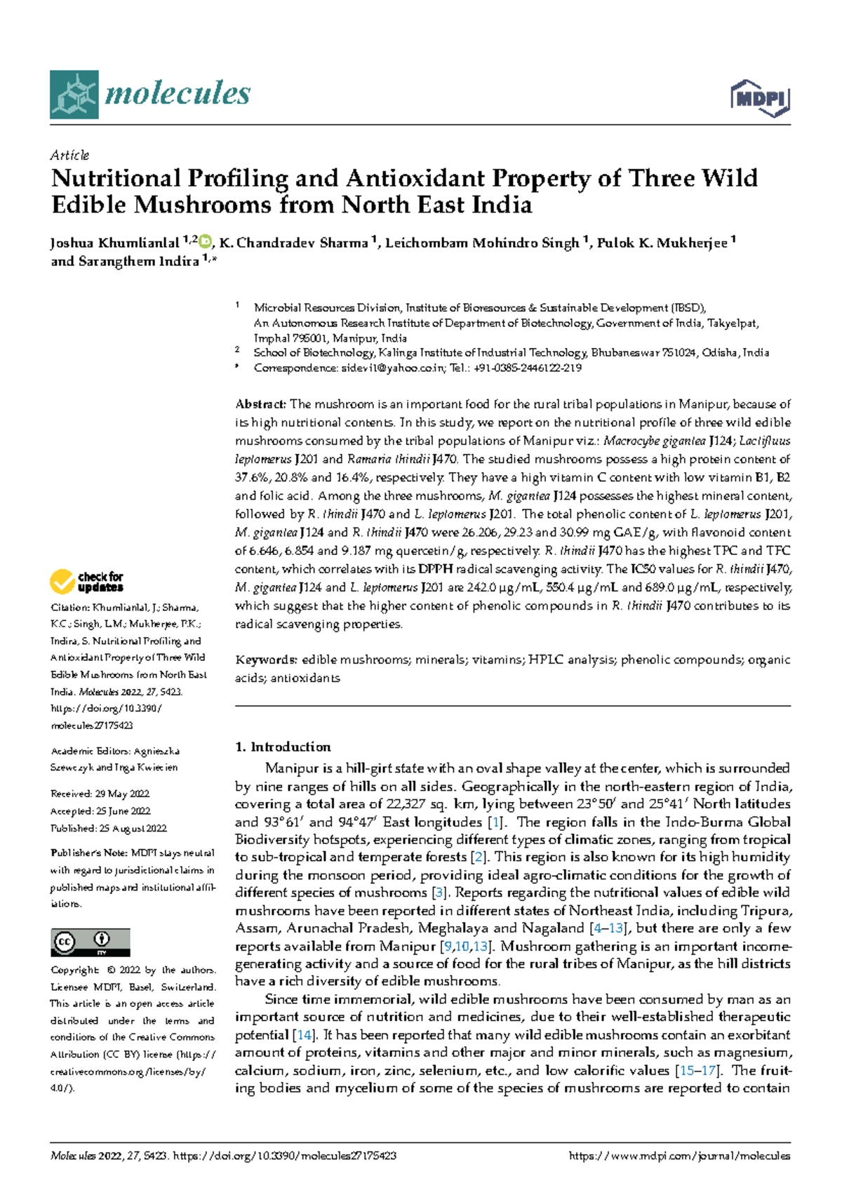 Nutritional Profiling & Antioxidant Properties of Wild Mushrooms in NE ...