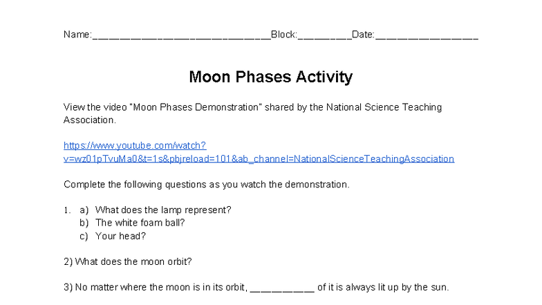 Moon Phases Activity - Demo Questions and Answers - Studocu