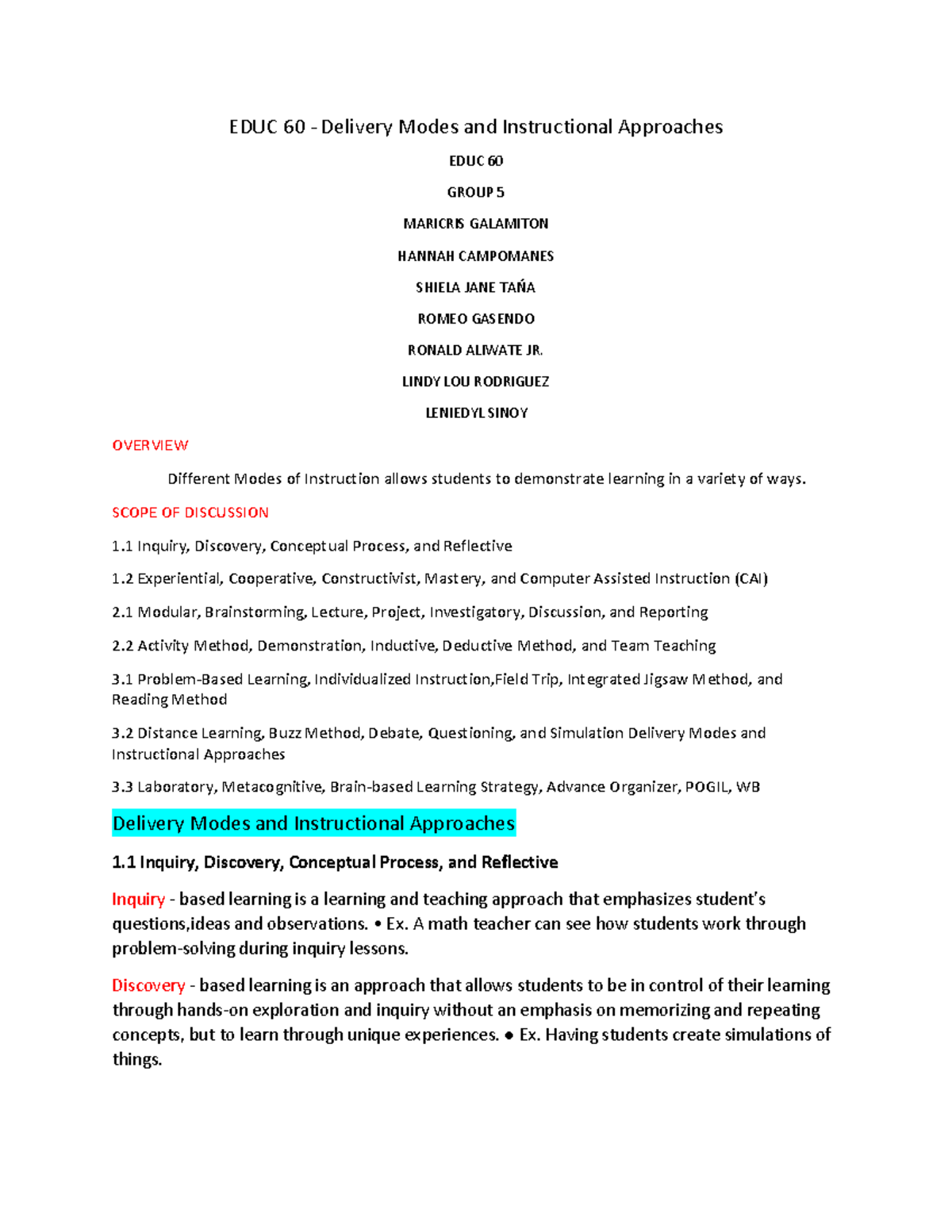 EDUC 60 - Exploring Delivery Modes & Instructional Approaches - Studocu