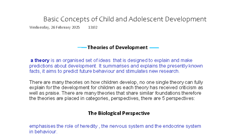 Child & Adolescent Development Theories Overview - CHD 101 - Studocu