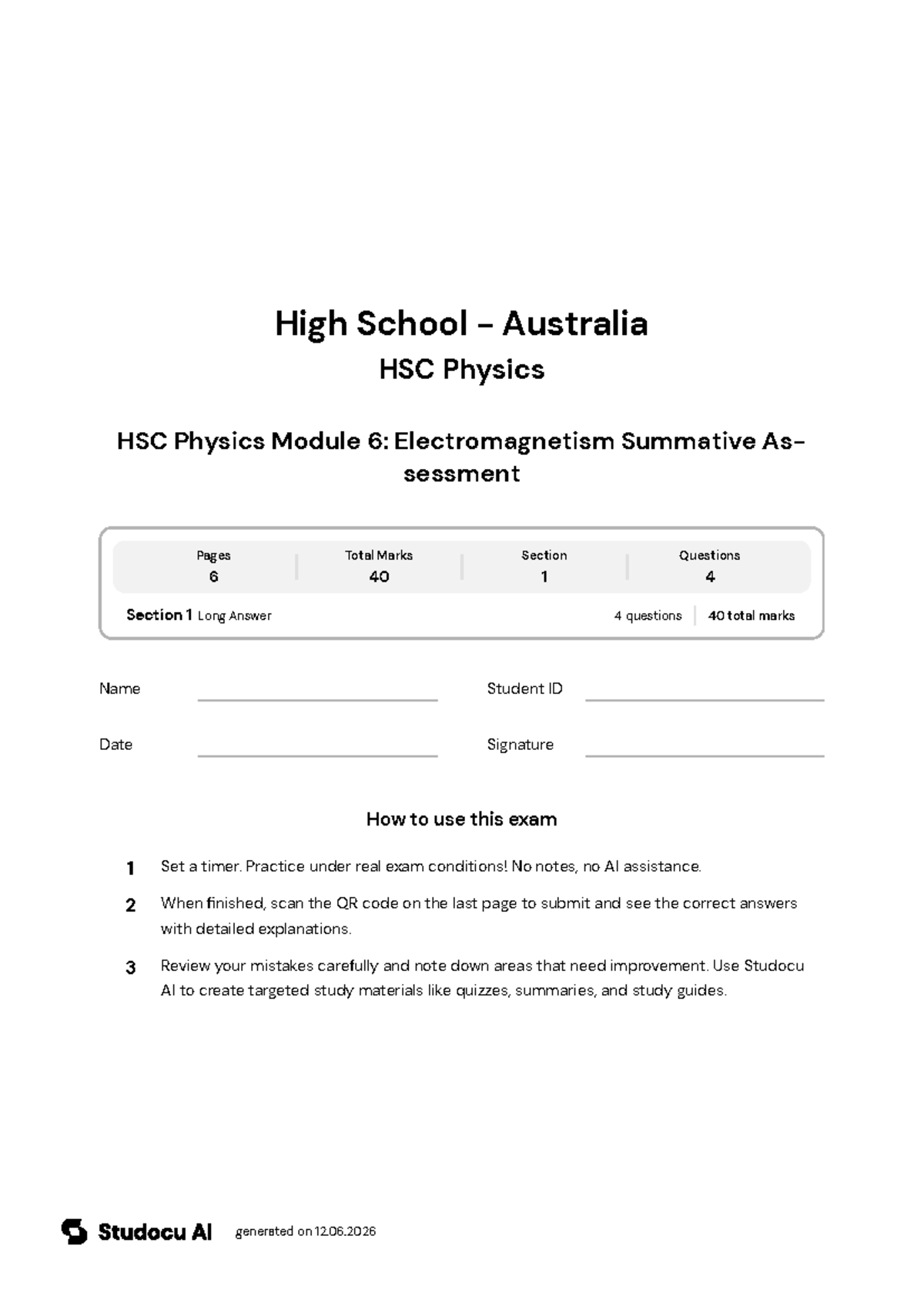 HSC Physics Module 6: Electromagnetism Exam - Studocu