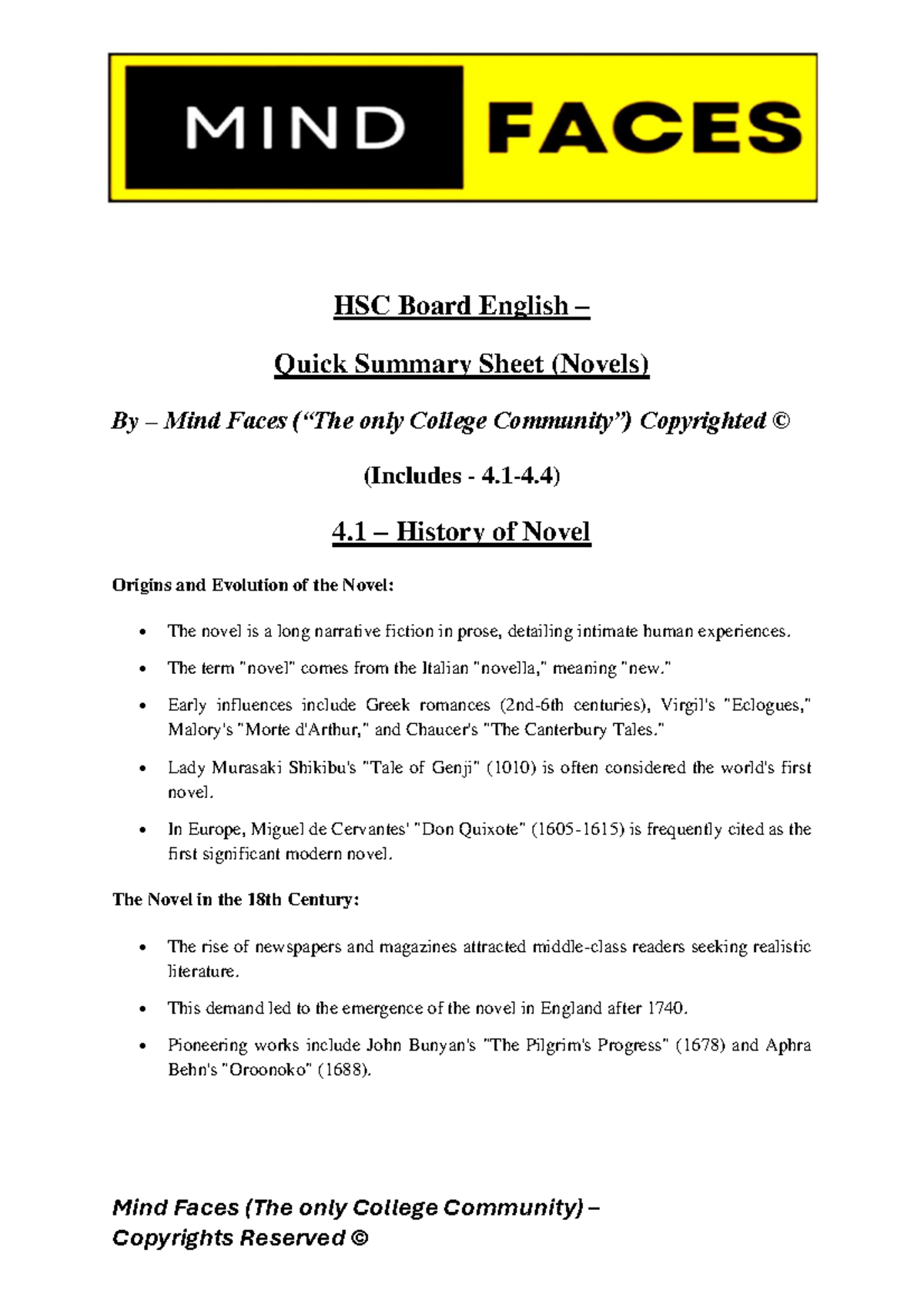 HSC Novels Summary Quick Reference Sheet (Mind Faces) - Studocu