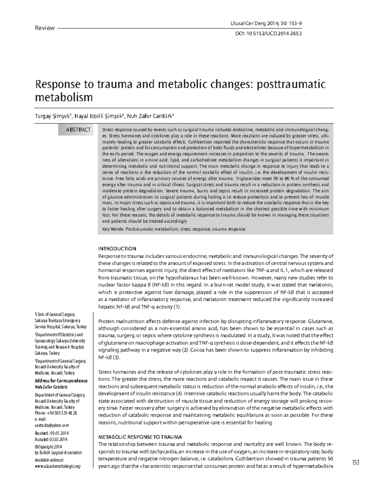 Ulusal Cer Derg 30: Metabolic Changes Following Trauma Response - Studocu