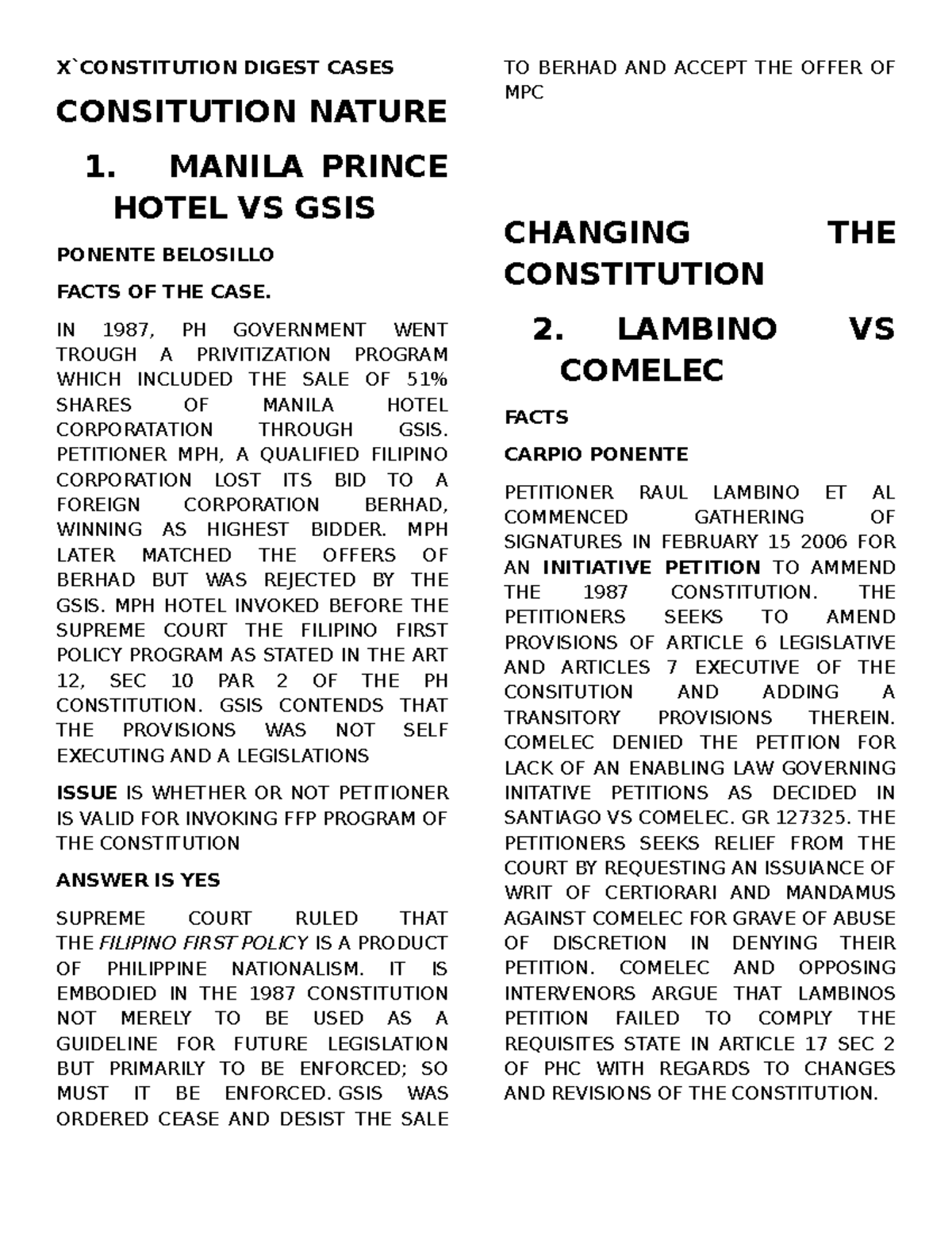 Constitution Digest: Key Cases on Philippine Legal Framework - Studocu