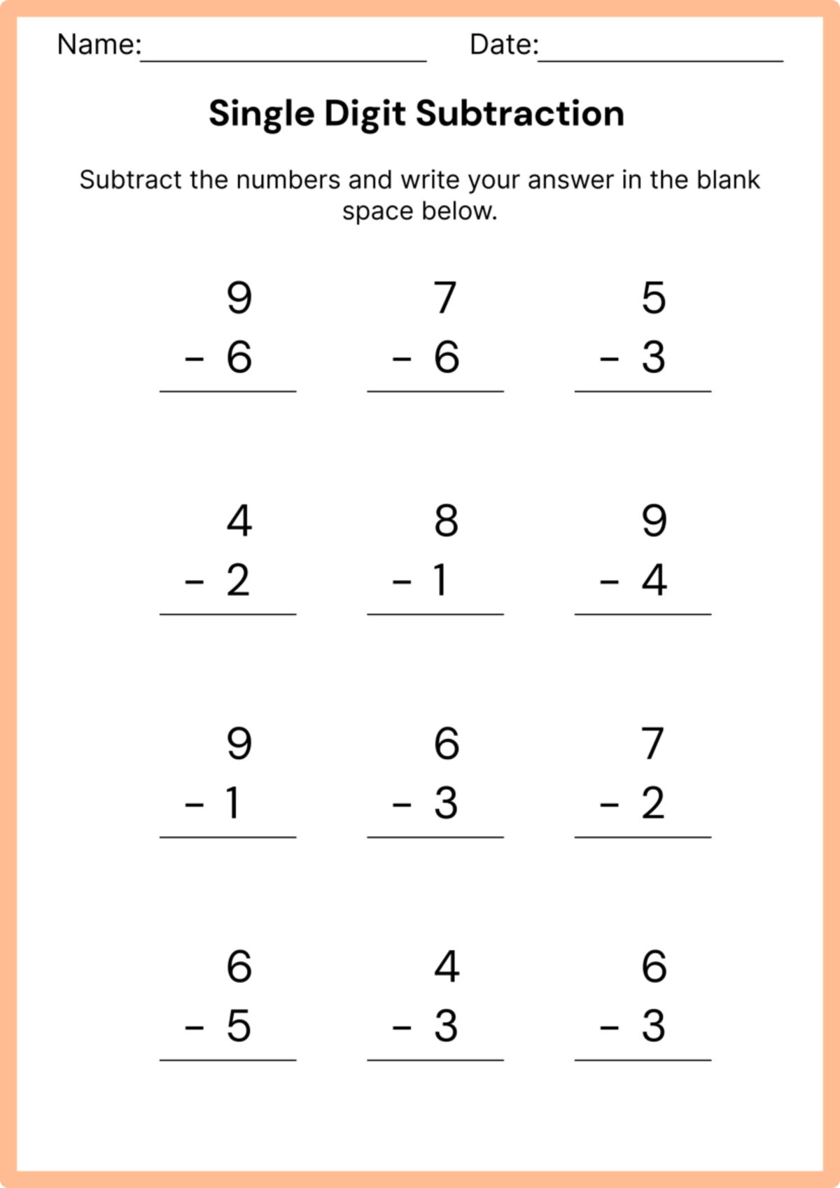 Single-Digit Subtraction Practice Worksheet – Version 3 - Name: Date ...