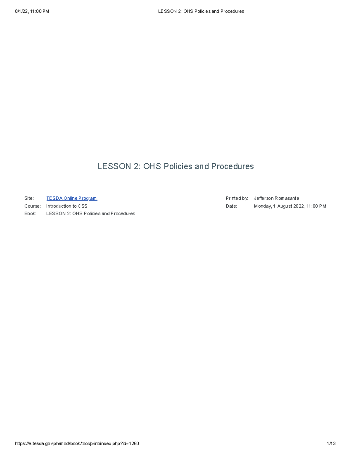 Introduction to CSS: Lesson 2 OHS Policies & Procedures Overview - Studocu