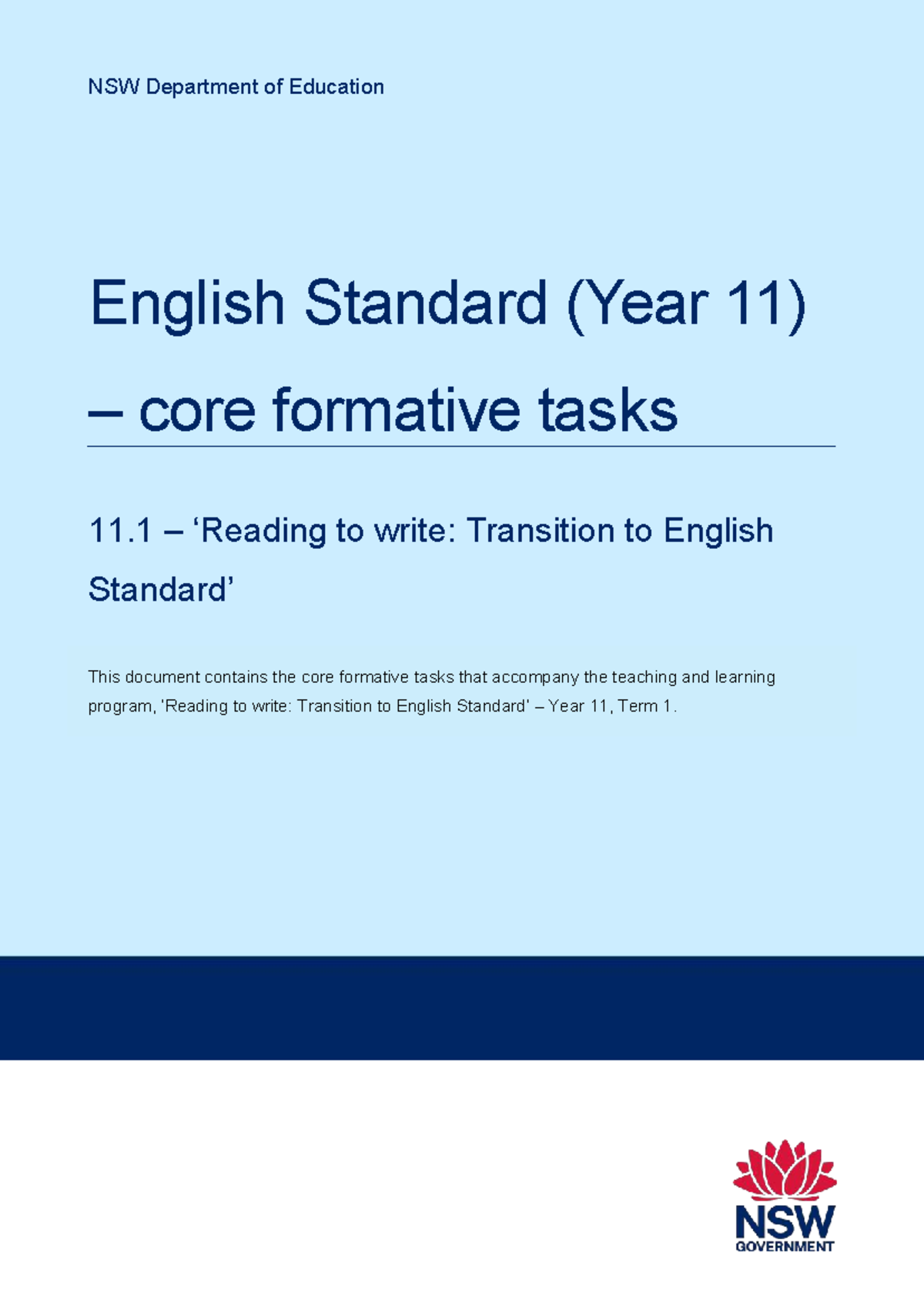 NSW English Standard Year 11 Core Formative Tasks: Transition to ...