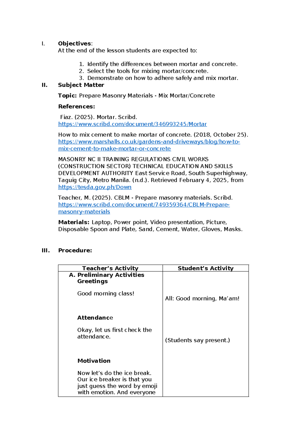 MASONRY NC II: Lesson on Mixing Mortar and Concrete - Studocu