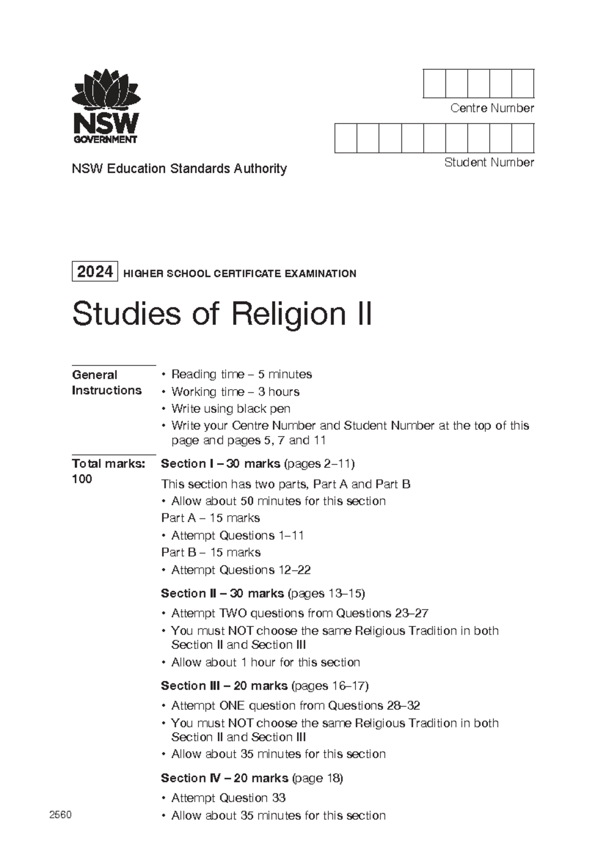 2024 HSC Studies of Religion II Exam Instructions and Questions - Studocu