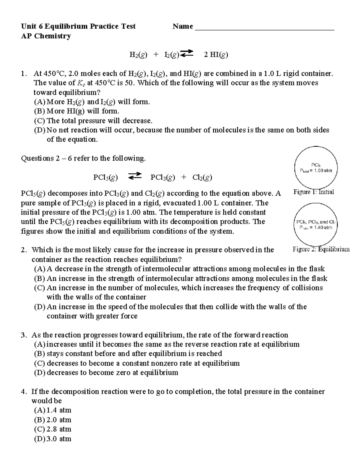 Equilibrium Practice Test AP Chemistry (Unit 6) - Comprehensive Review ...