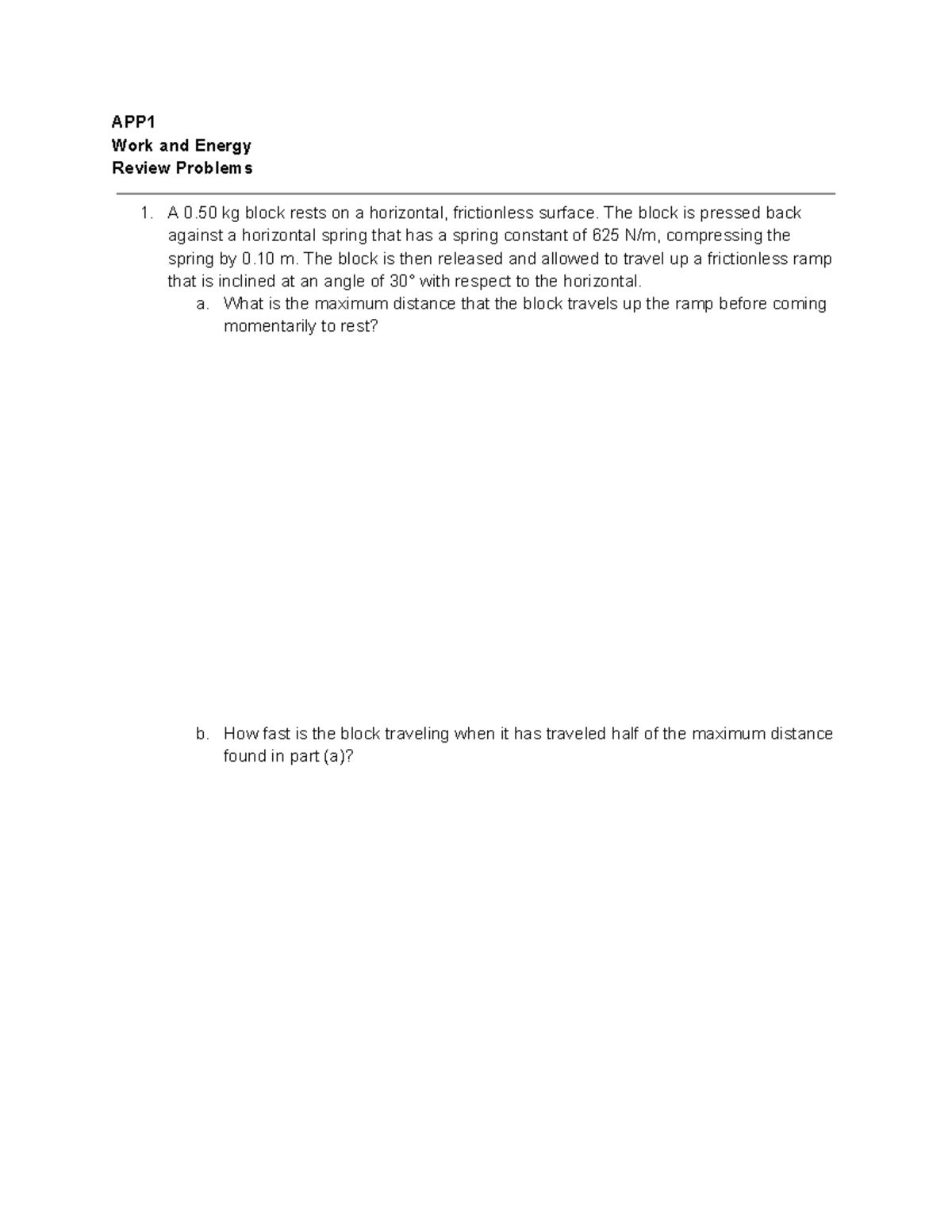 APP1 Work and Energy Review Problems: Key Concepts and Solutions - Studocu