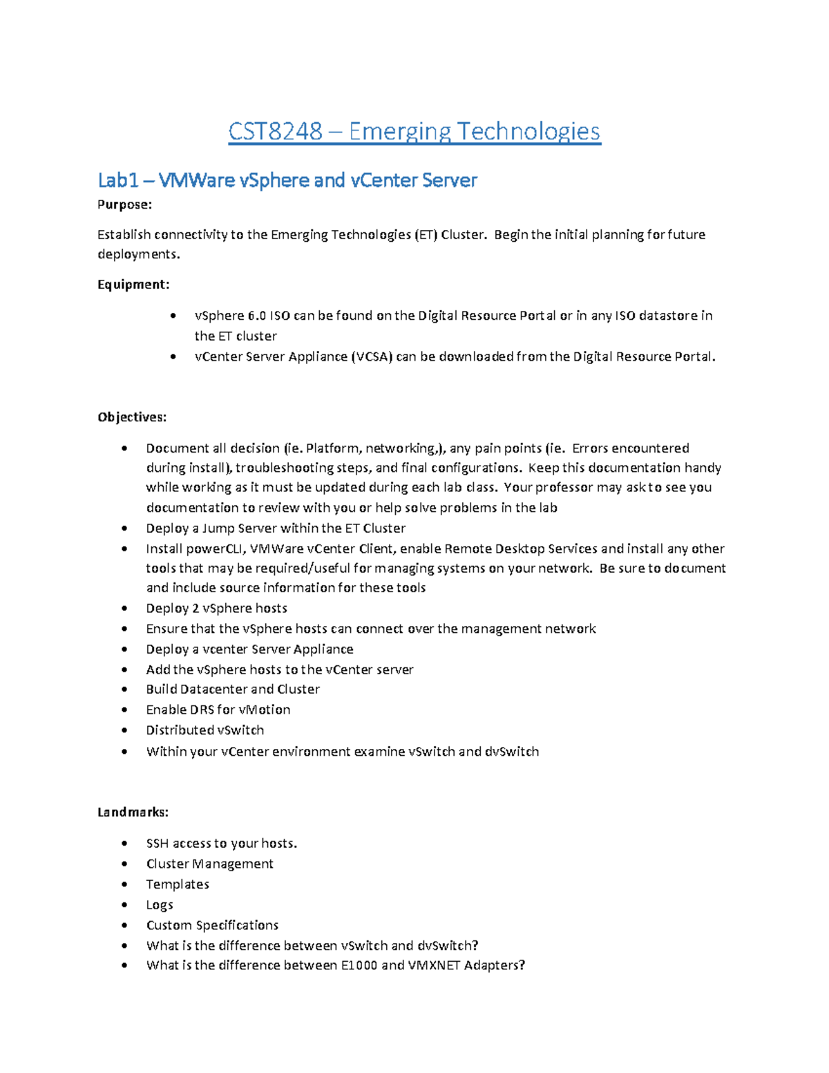 Lab1 - Lab1 - CST8248 – Emerging Technologies Lab 1 – VMWare vSphere ...
