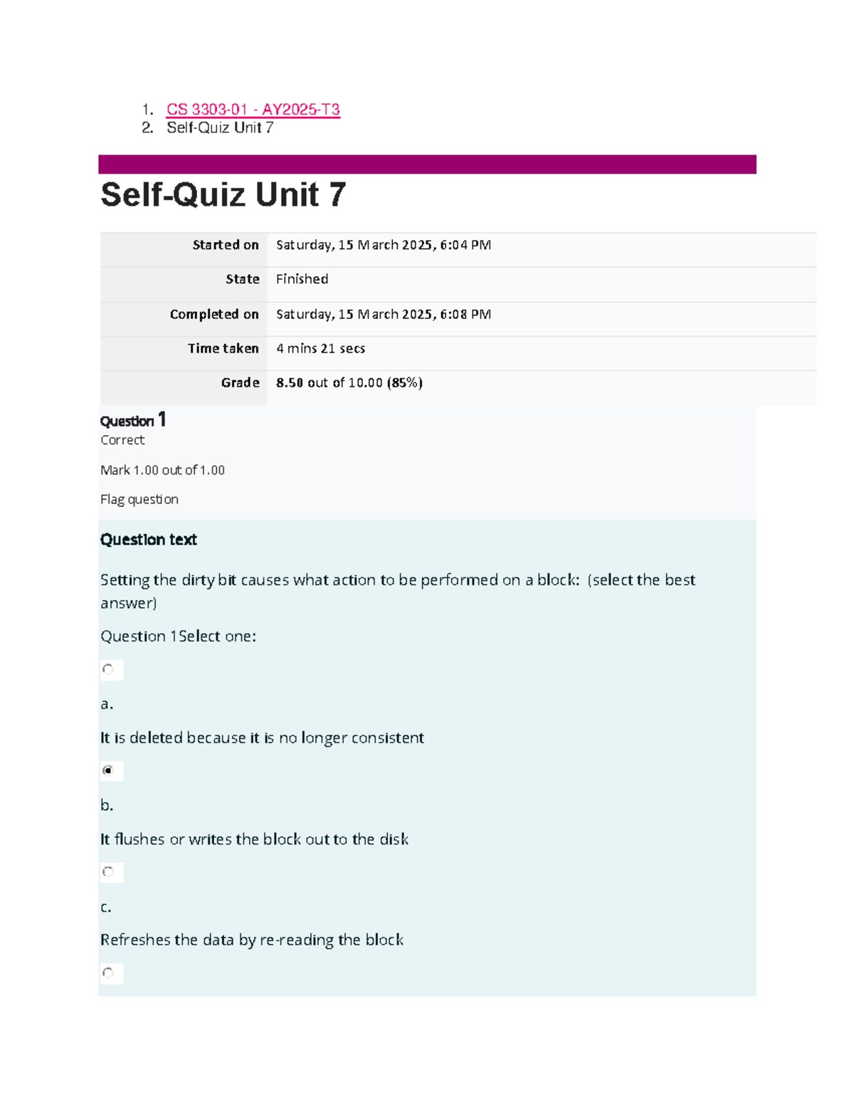 CS3303SQ7 - Self Quiz Unit 7 - 1. CS 3303- 01 - AY2025-T Self-Quiz Unit 7 Self-Quiz Unit 7 ...