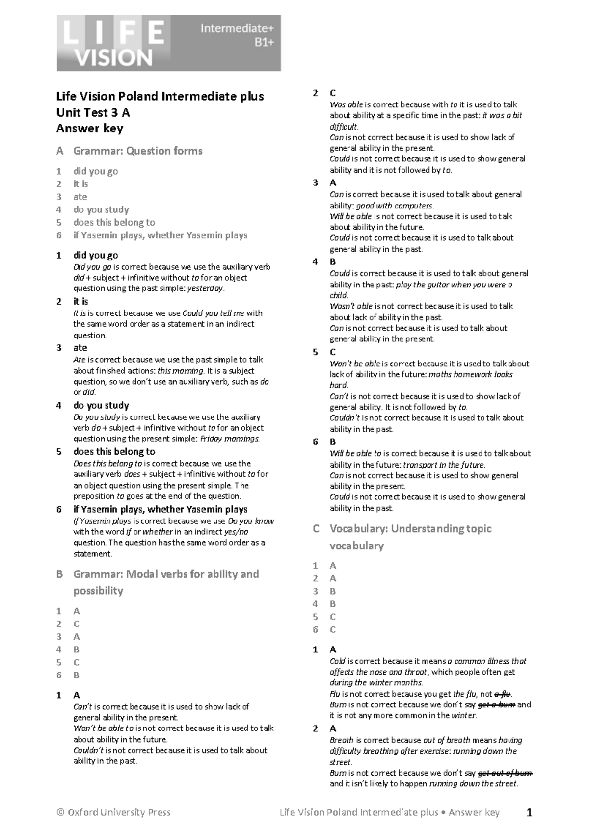 Lif Vis Pol Int Plus Unit Test 3A Answer Key & Grammar Insights - Studocu