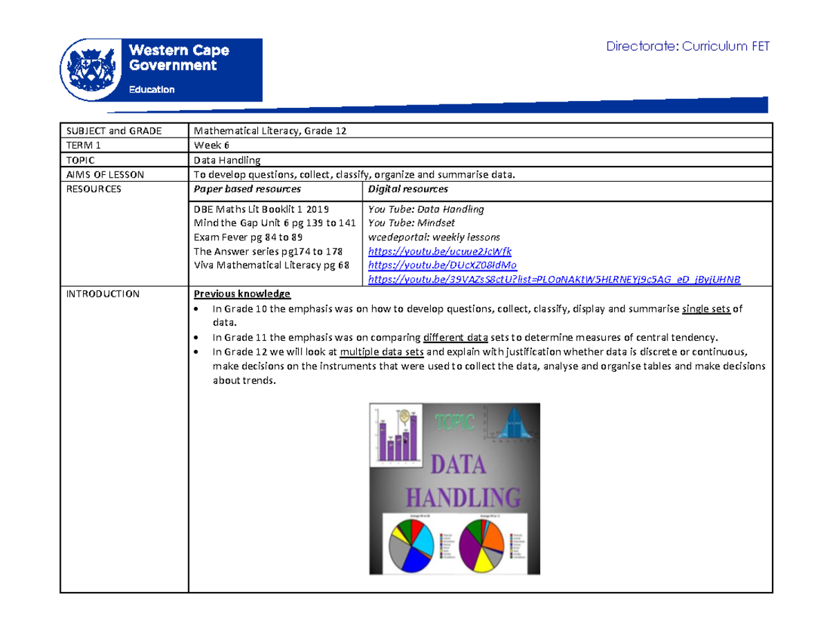 Mathematical Literacy Grade 12 Term 1: Data Handling Week 6 Notes - Studocu