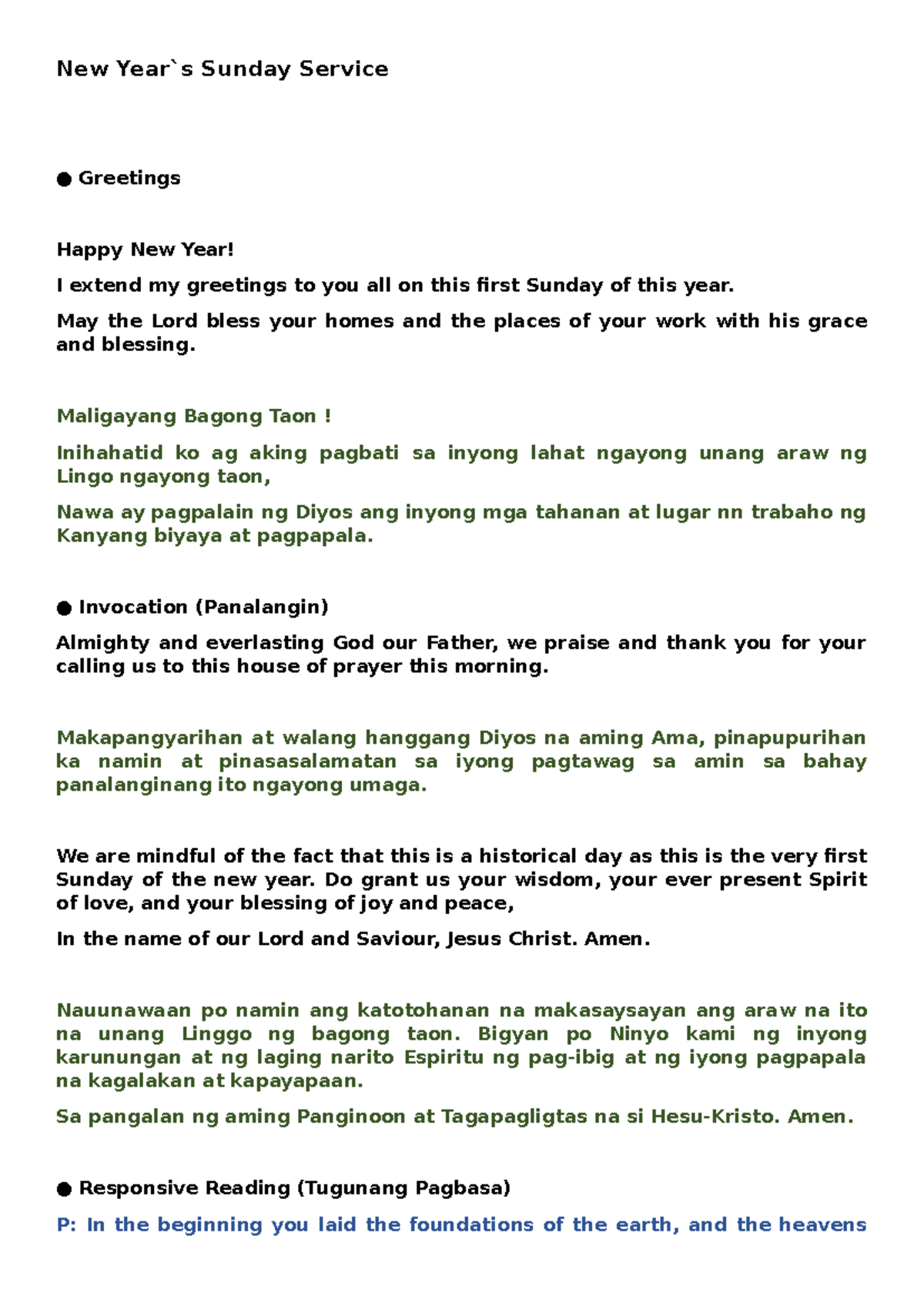 New Year Sunday Service Greetings & Invocation - Studocu