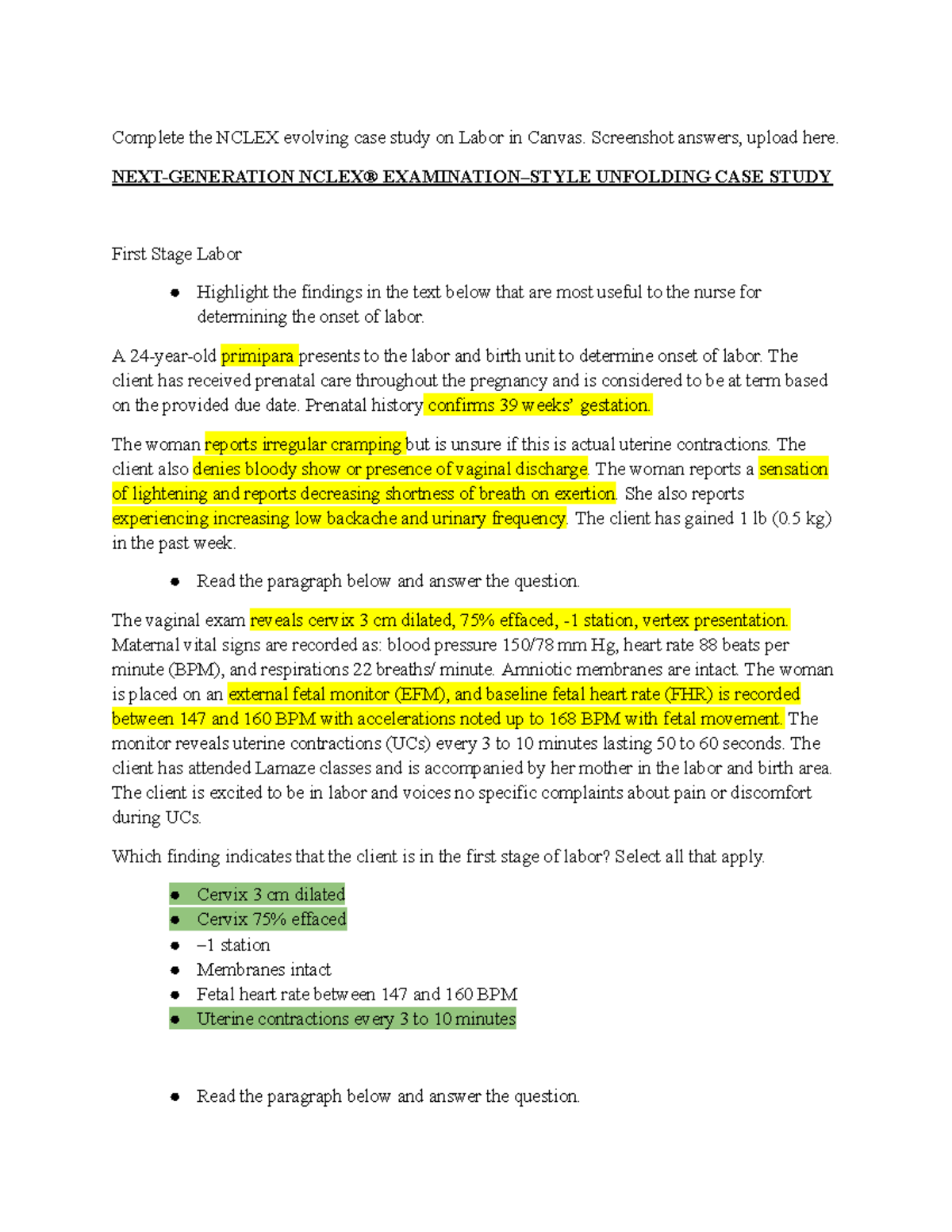 NCLEX Case Study: First Stage Labor Analysis and Findings - Studocu