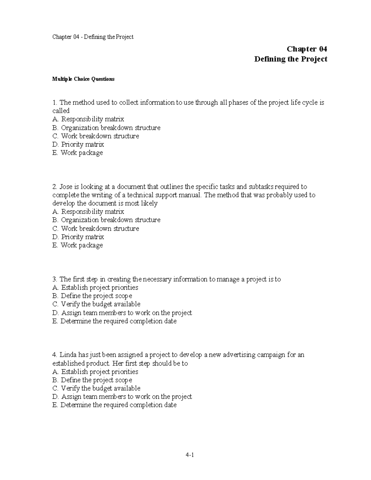 CH4 Testbank - Project Management Chapter 04 Questions & Answers - Studocu