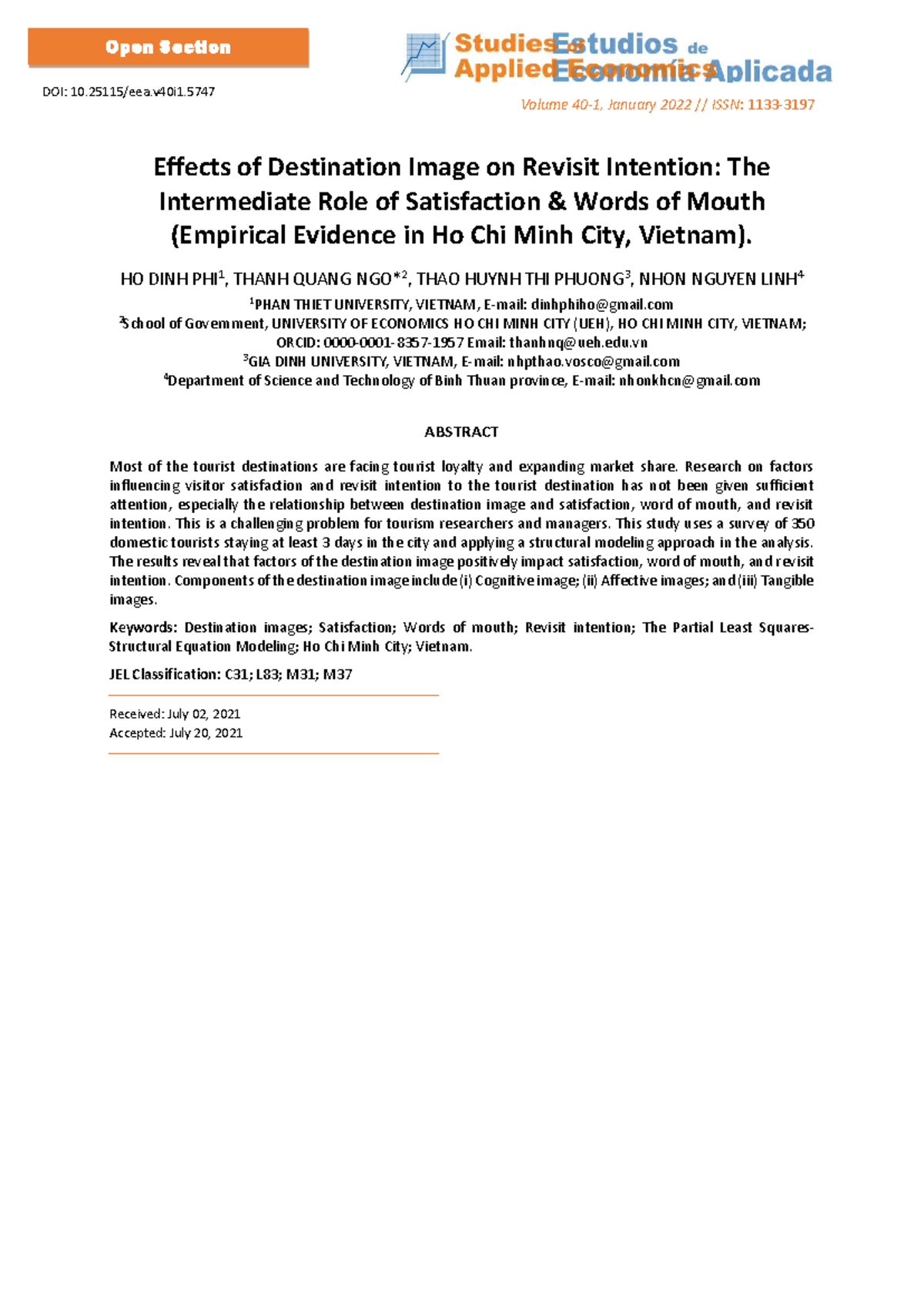 Effects of Destination Image on Revisit Intention: Insights from Ho Chi ...