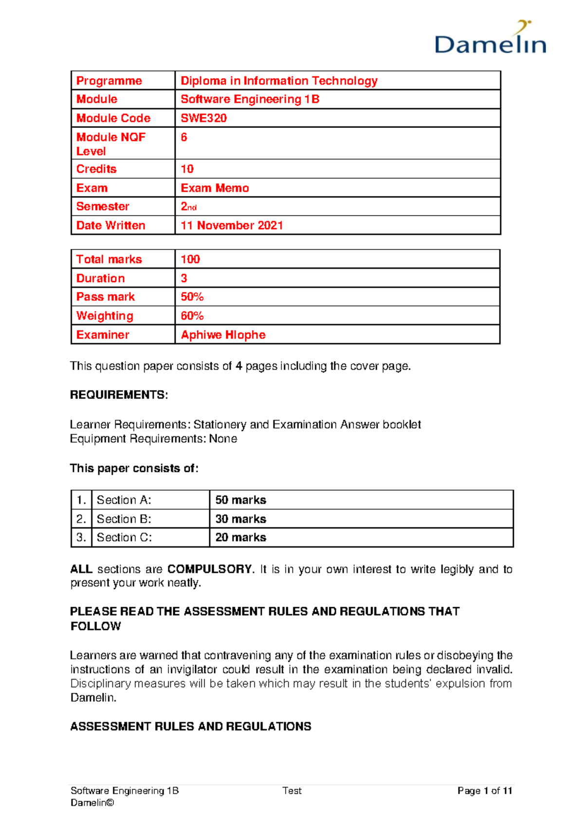 Software Engineering 1B Final Exam memo.pdf - Software Engineering 1B ...
