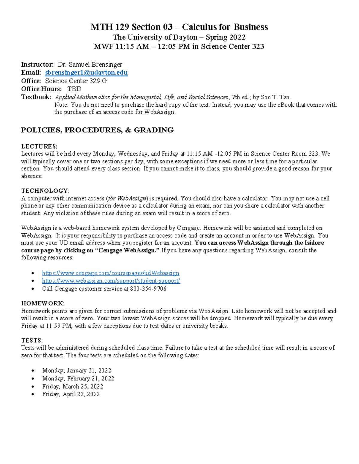 MTH 129 Section 03 Syllabus - Calculus for Business Spring 2022 - Studocu