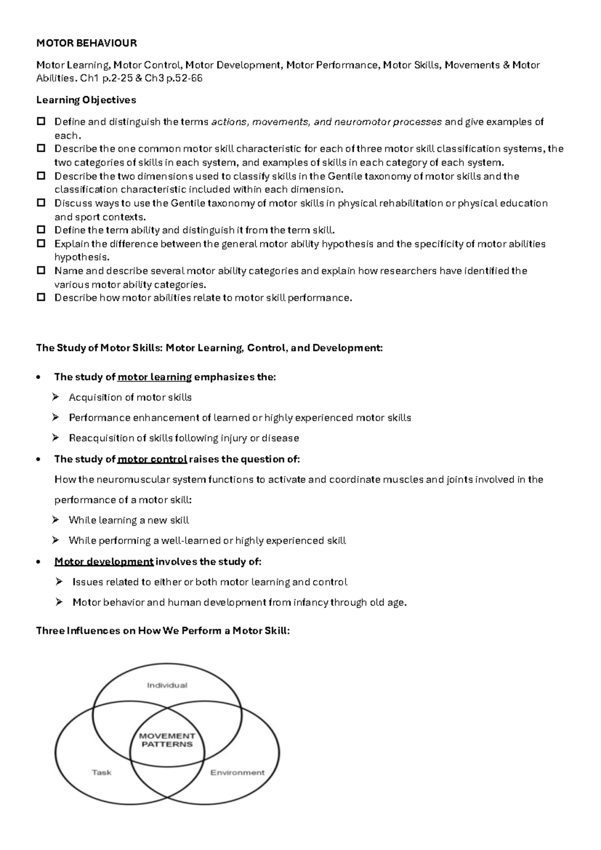 MOTOR BEHAVIOUR: Ch1 & Ch3 Summary on Learning, Control, and ...
