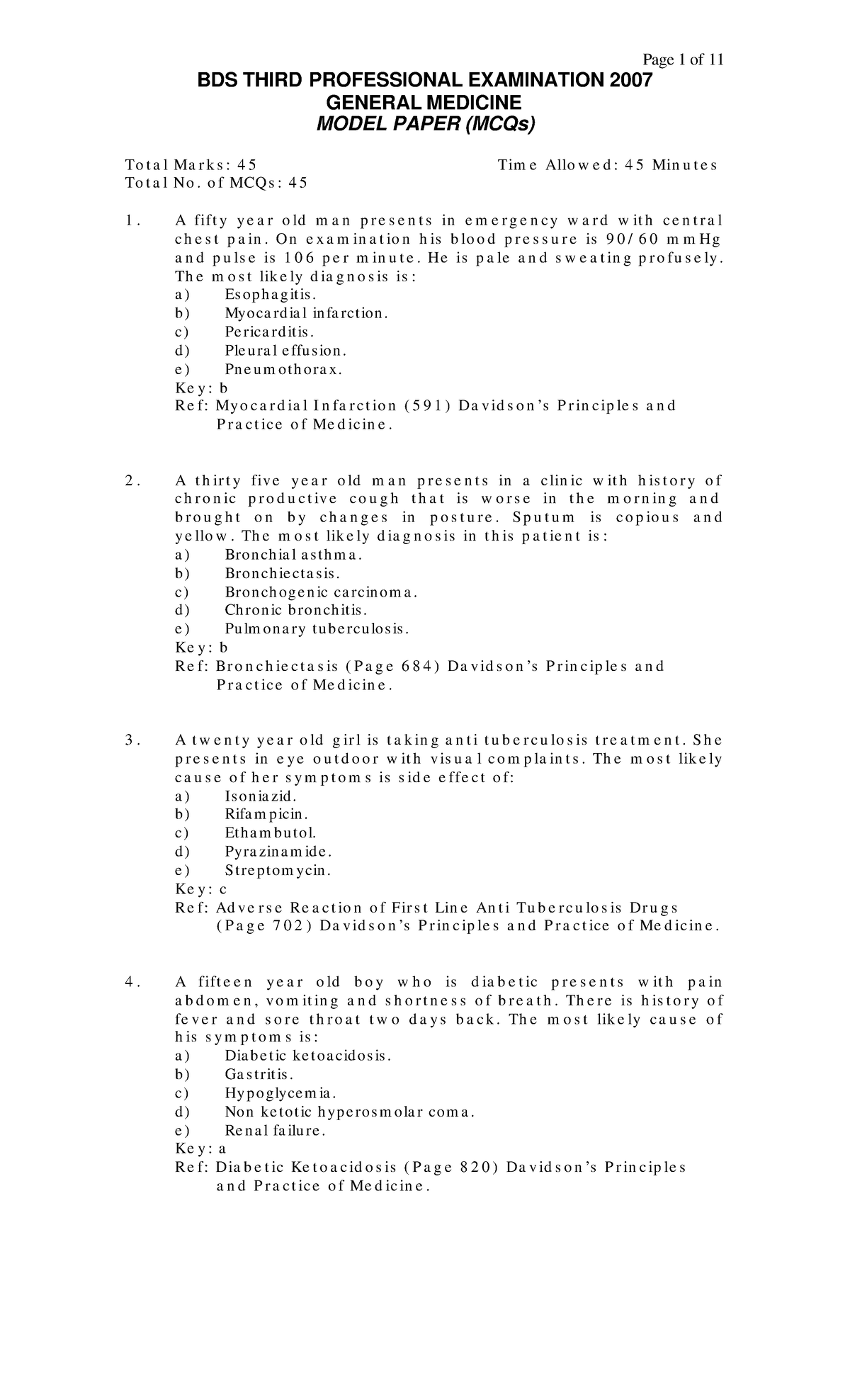 BDS 3rd Professional Exam 2007 General Medicine MCQs Model Paper - Studocu