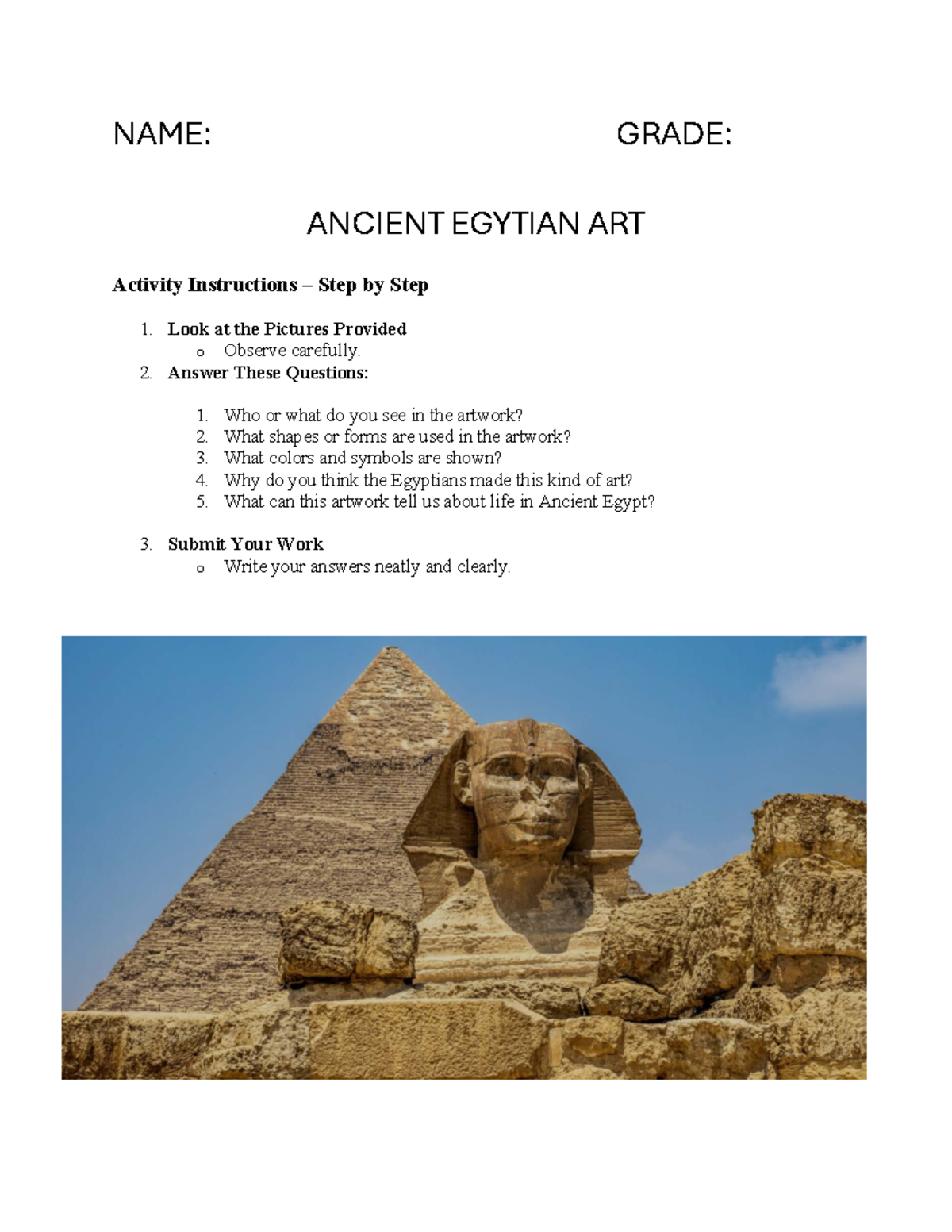 G6 Activity - Art - NAME: GRADE: ANCIENT EGYTIAN ART Activity ...