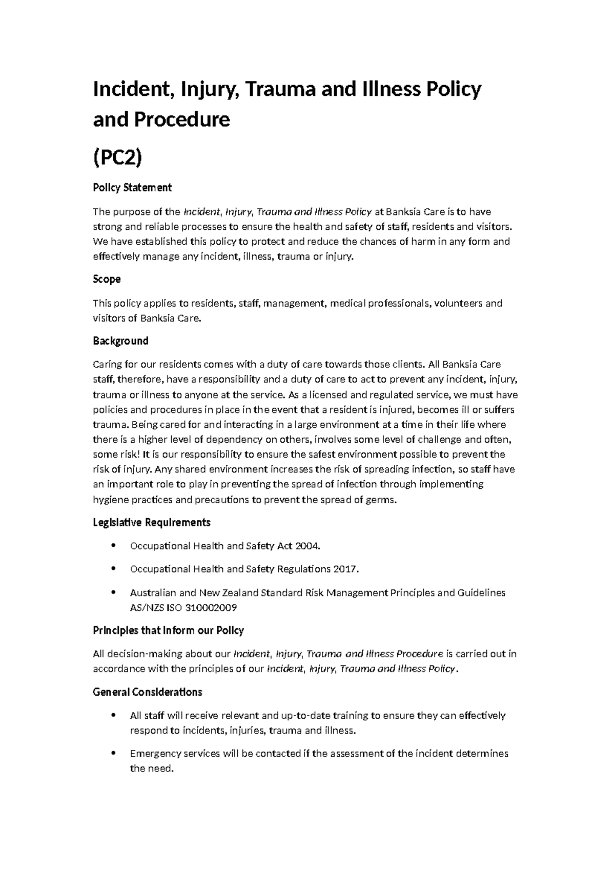PC2 - Policy on Incident, Injury, Trauma and Illness Management - Studocu
