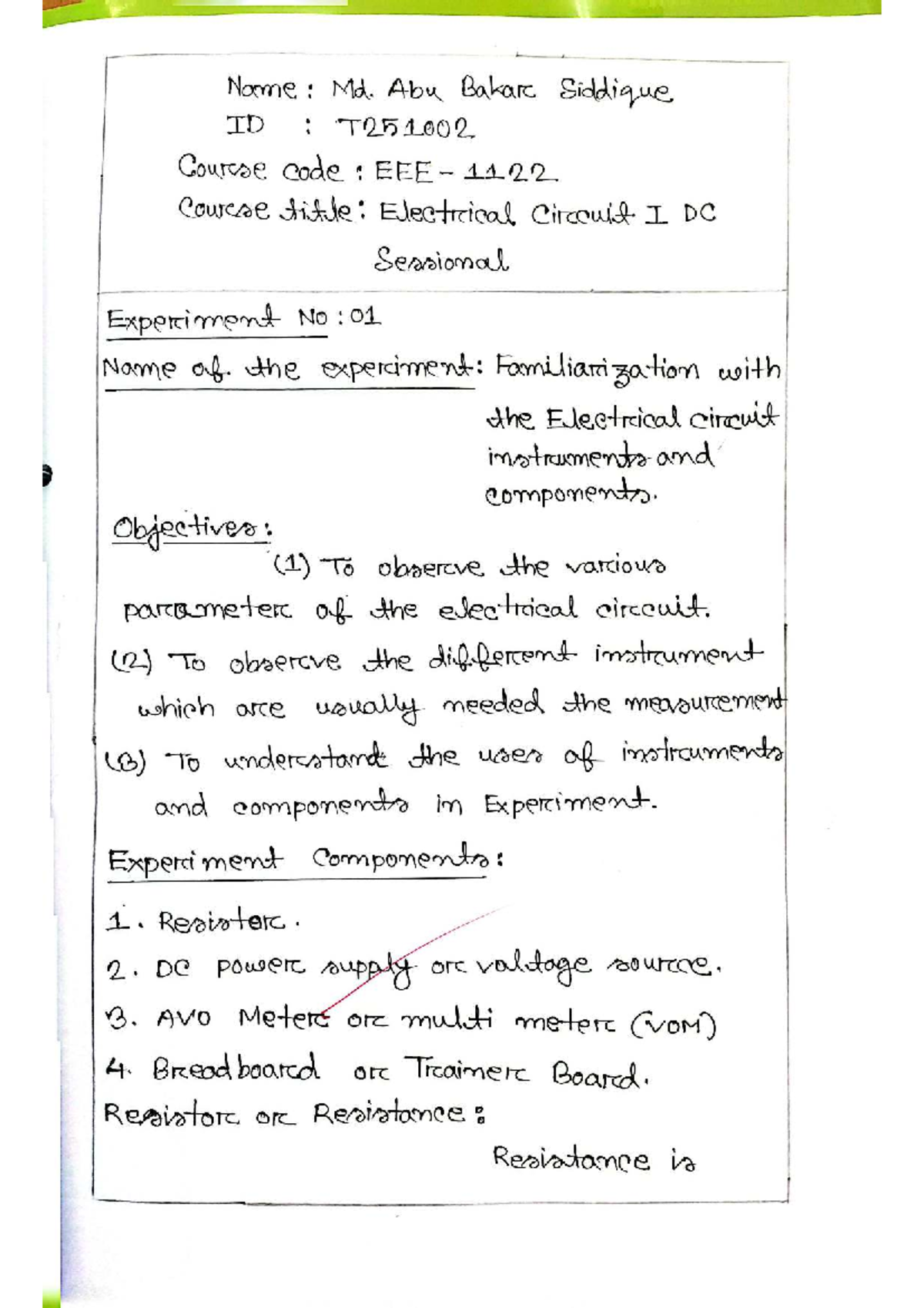 DC Lab Experiment 01: Familiarization with Electrical Circuit ...