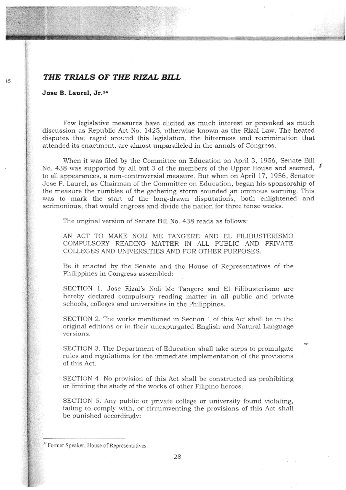 The Trials of the Rizal Bill (Republic Act No. 1425) - An Analysis ...