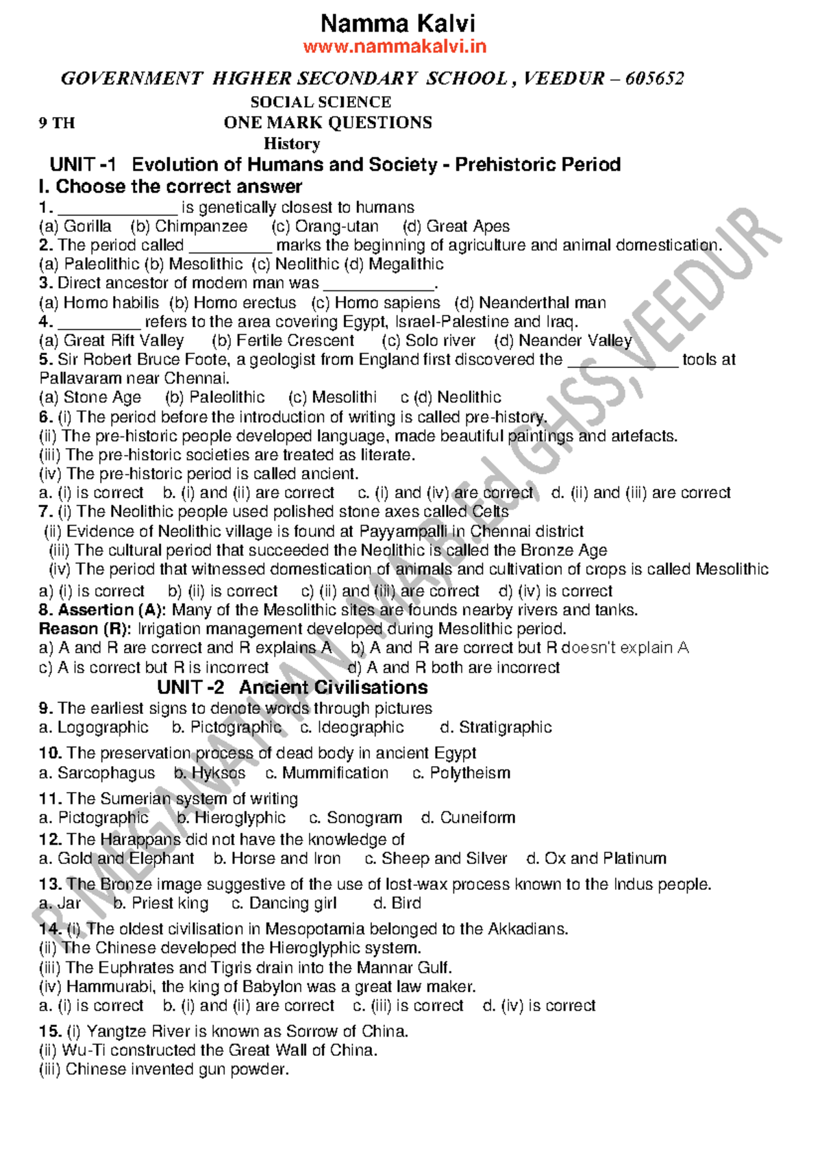 Namma Kalvi 9th Social Science Book Back One Mark Questions - Studocu