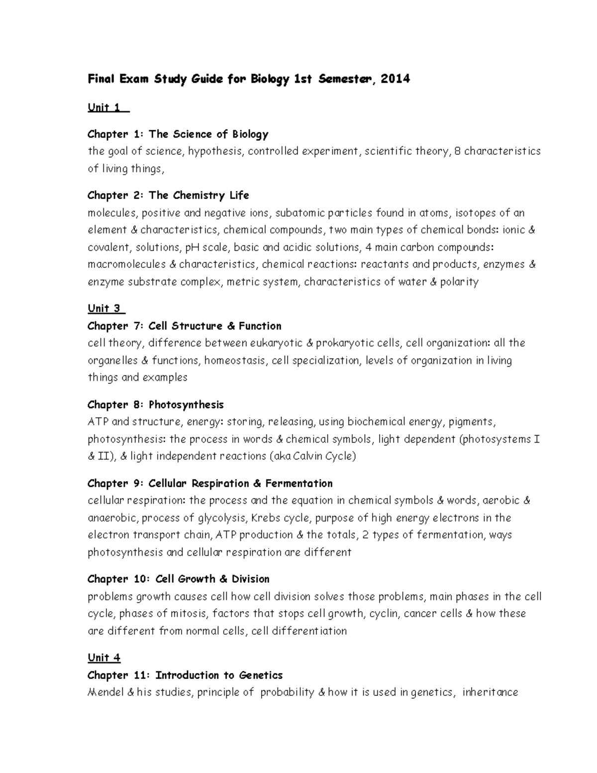 Bio 1st Sem Final Exam Study Guide: Key Concepts & Chapters - Studocu
