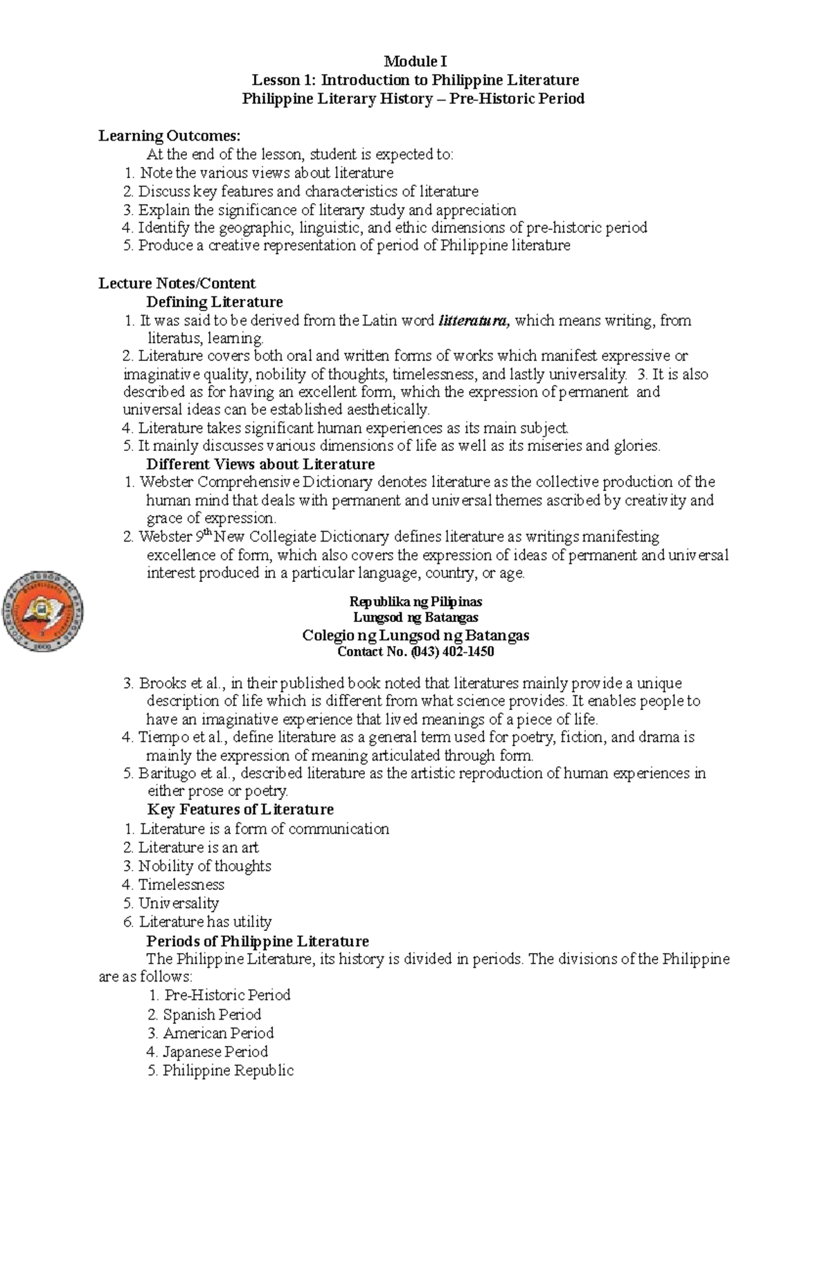 M1: Intro to Literature & Pre-Colonial Period Overview - Studocu