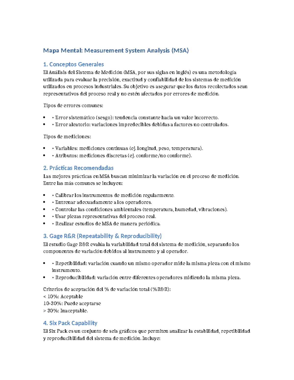 Mapa Mental: Análisis del Sistema de Medición (MSA) - Studocu
